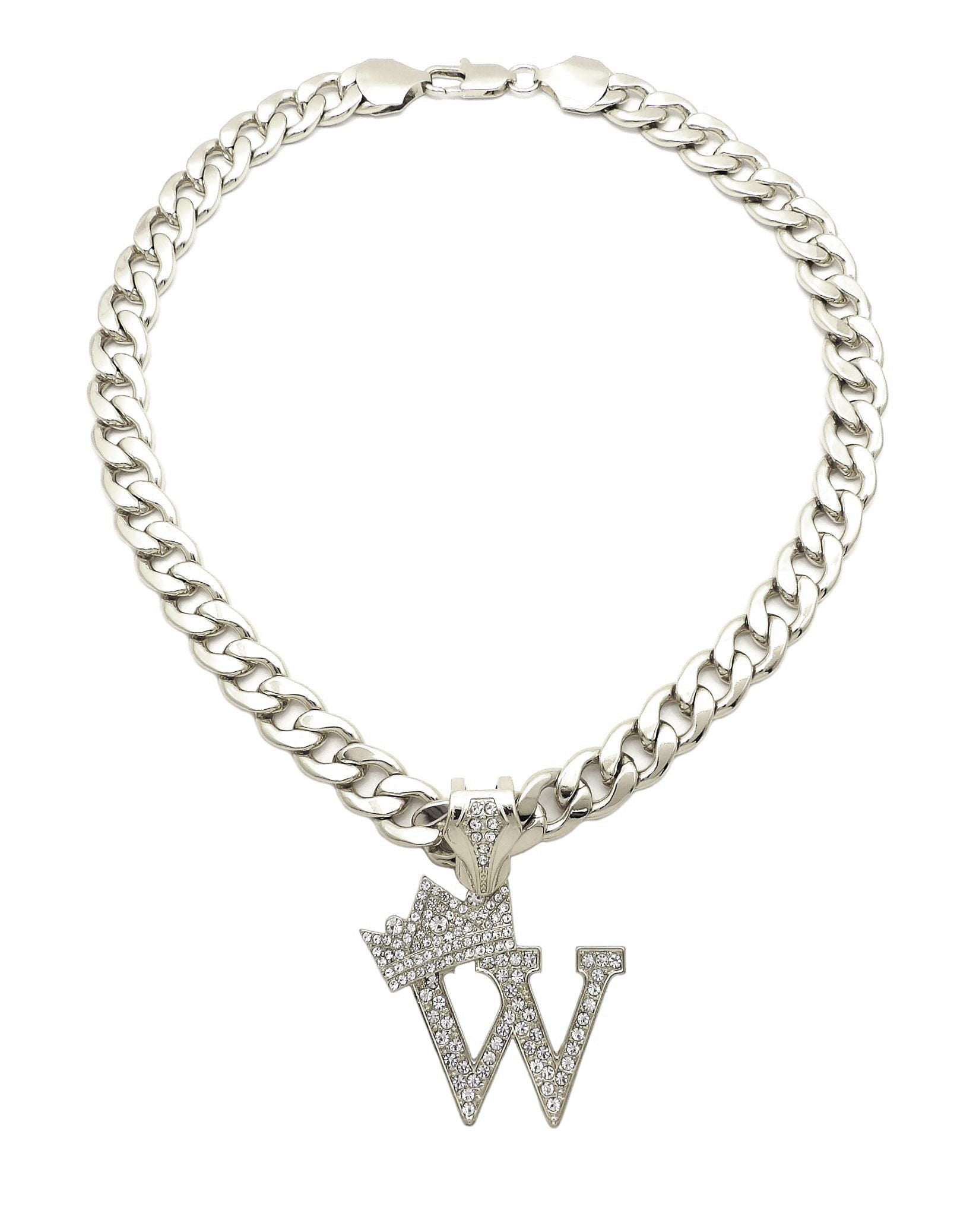 Stone Stud Crowned Initial Pendant with 11mm Cuban Chain Necklace ...
