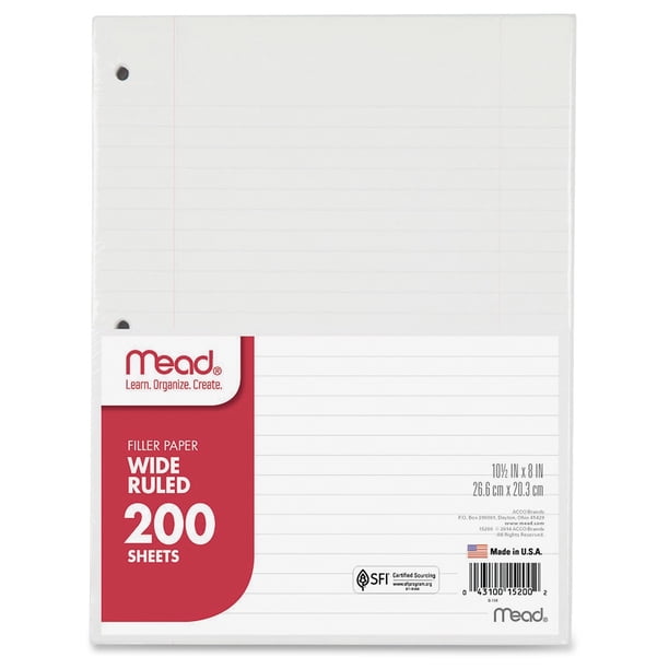 Mead Filler Paper, 15lb, Wide Rule, 3 Hole, 10 1/2 x 8, 200 Sheets ...