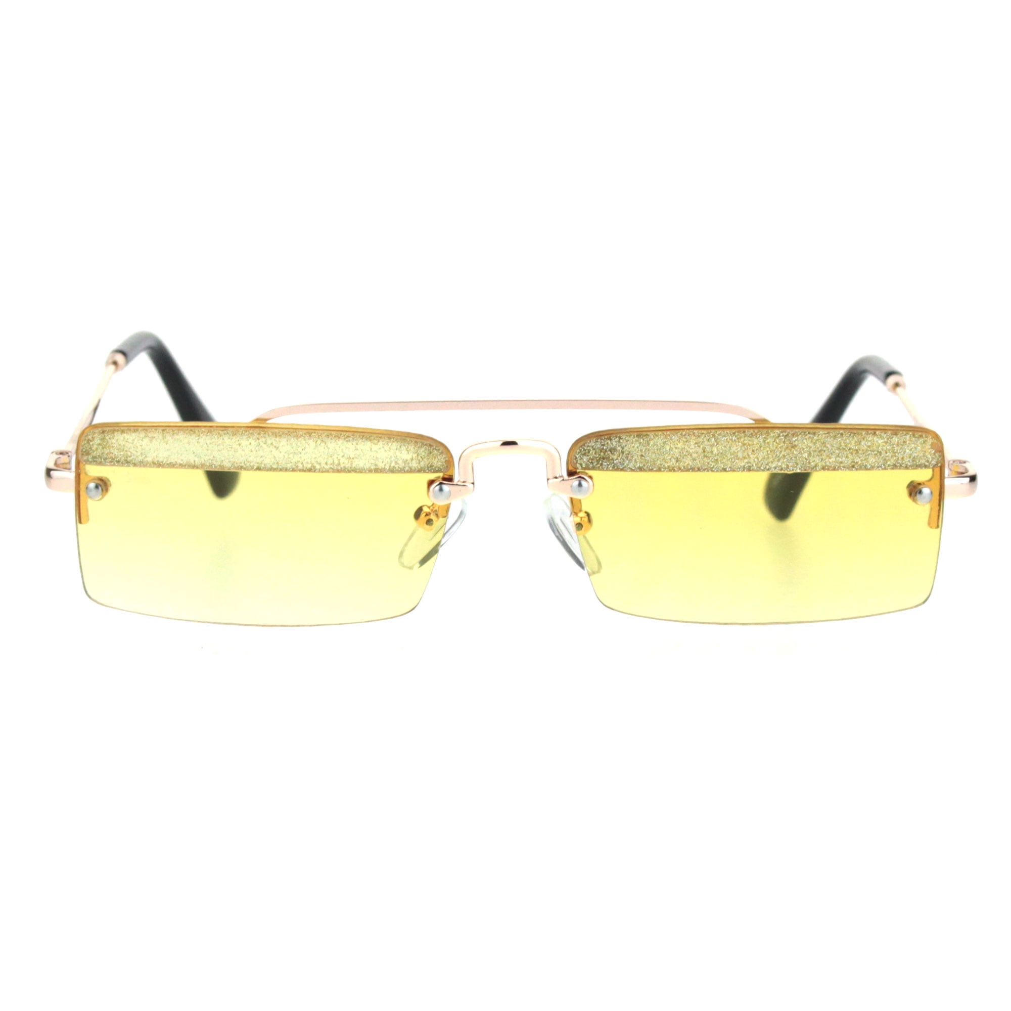 Glitter Eyelash Rimless Narrow Rectangular Hippie Sunglasses Gold ...