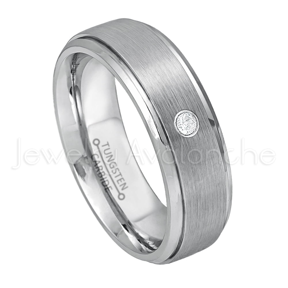 7mm Brushed Tungsten Ring - 0.07ct Solitaire Diamond Ring ...