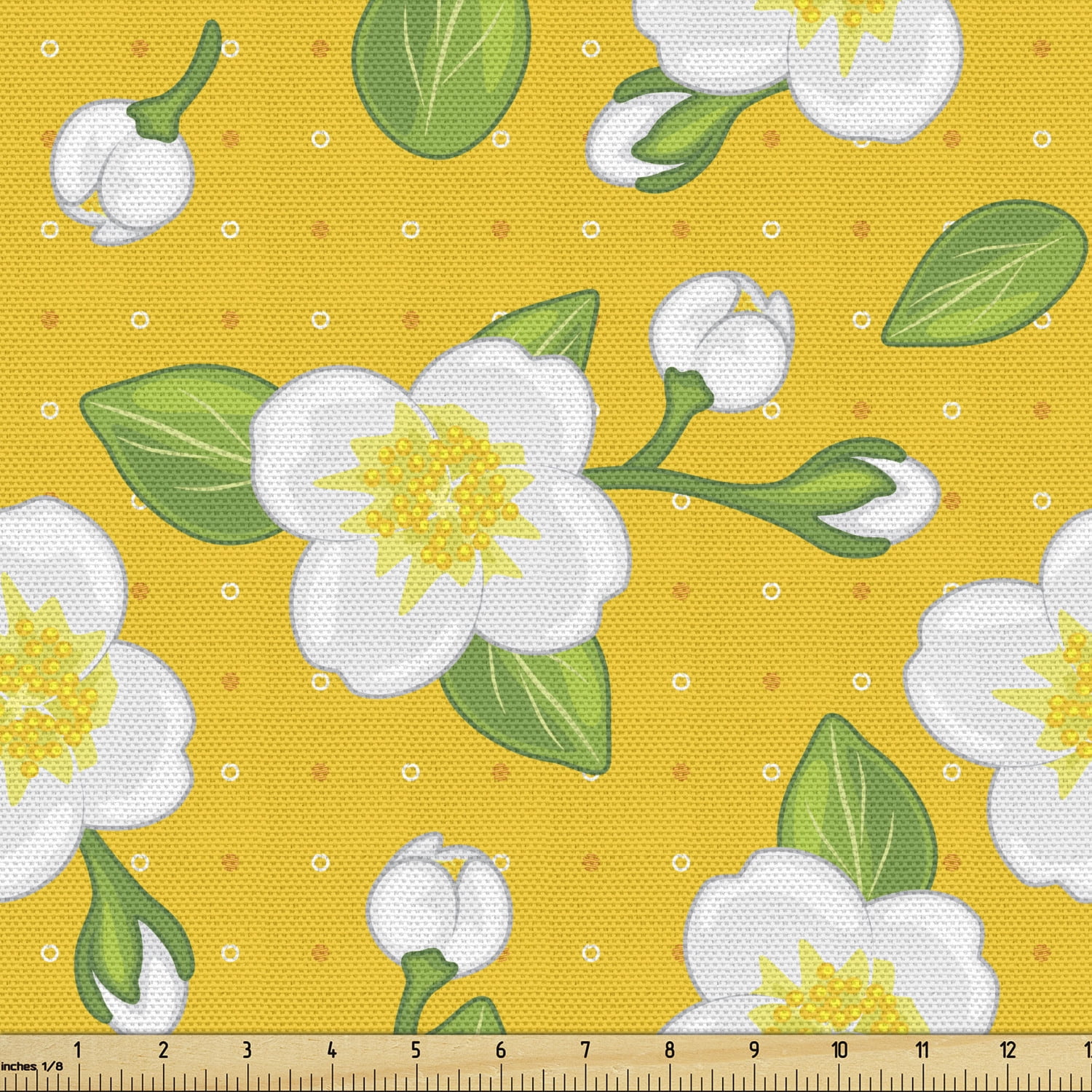 Jasmine Fabric by the Yard, Flowers Buds and Leaves on Symmetric Polka ...