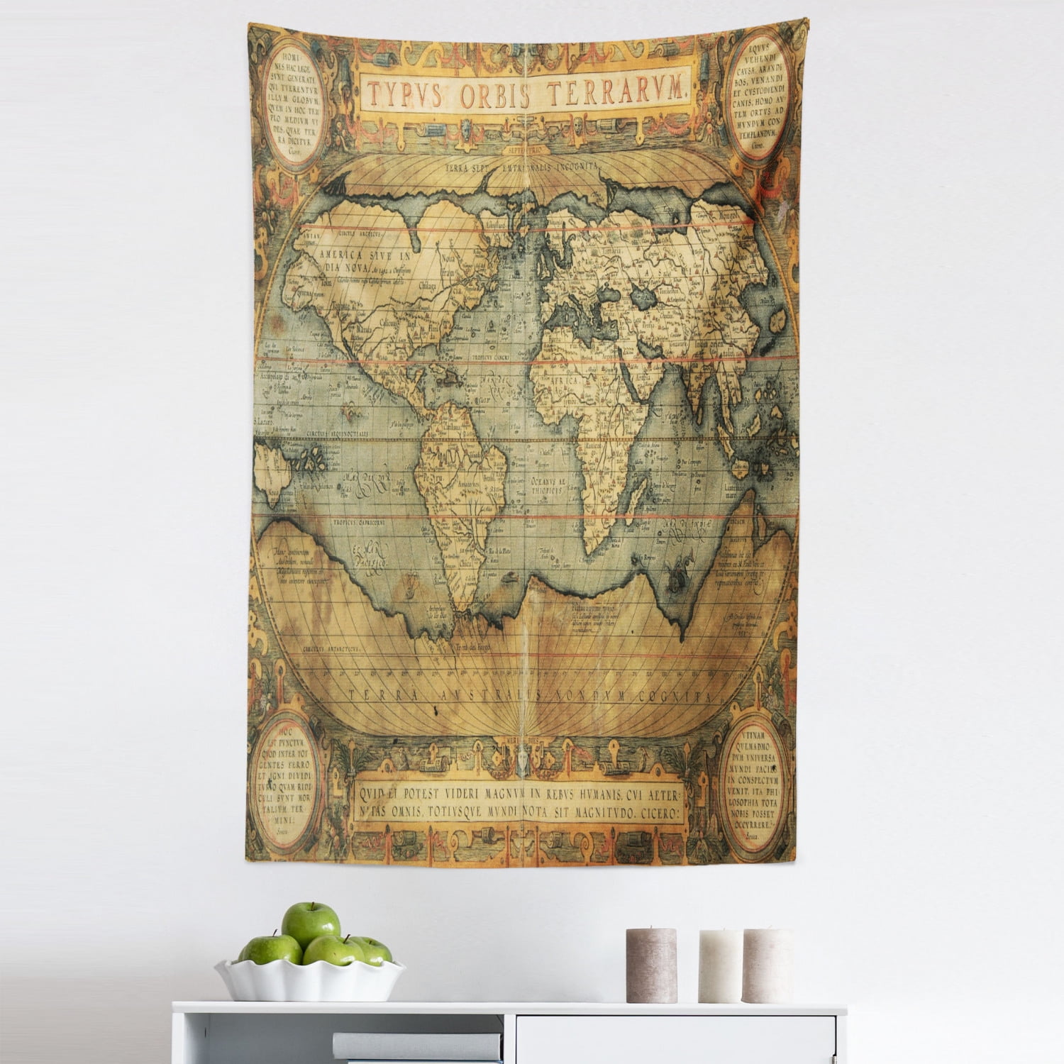 World Map Tapestry, Old Chart Vintage Composition of 16th Century Atlas ...