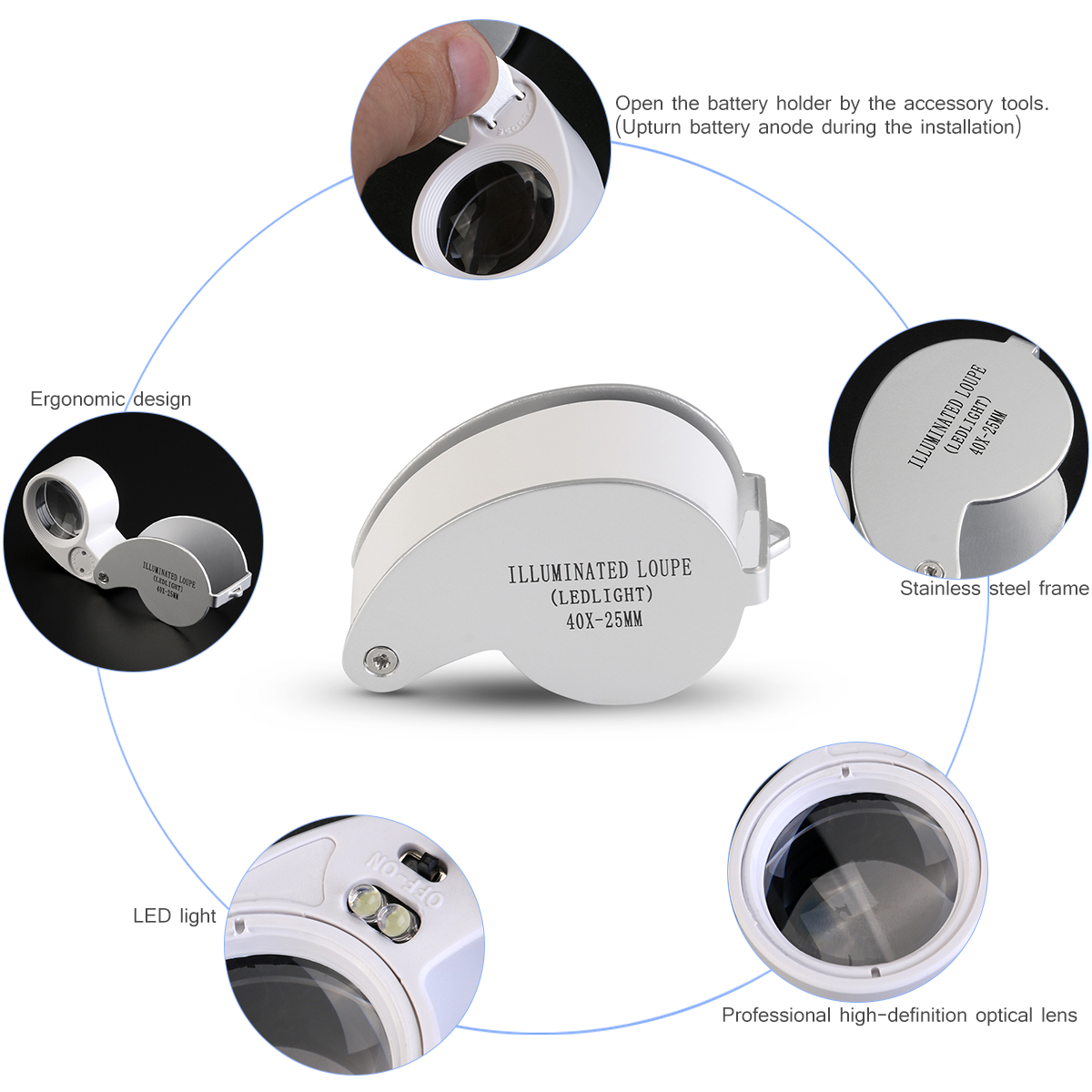 Buy PIXNOR Portable Folding 40X 25mm Metal White LED Illuminated Loupe ...