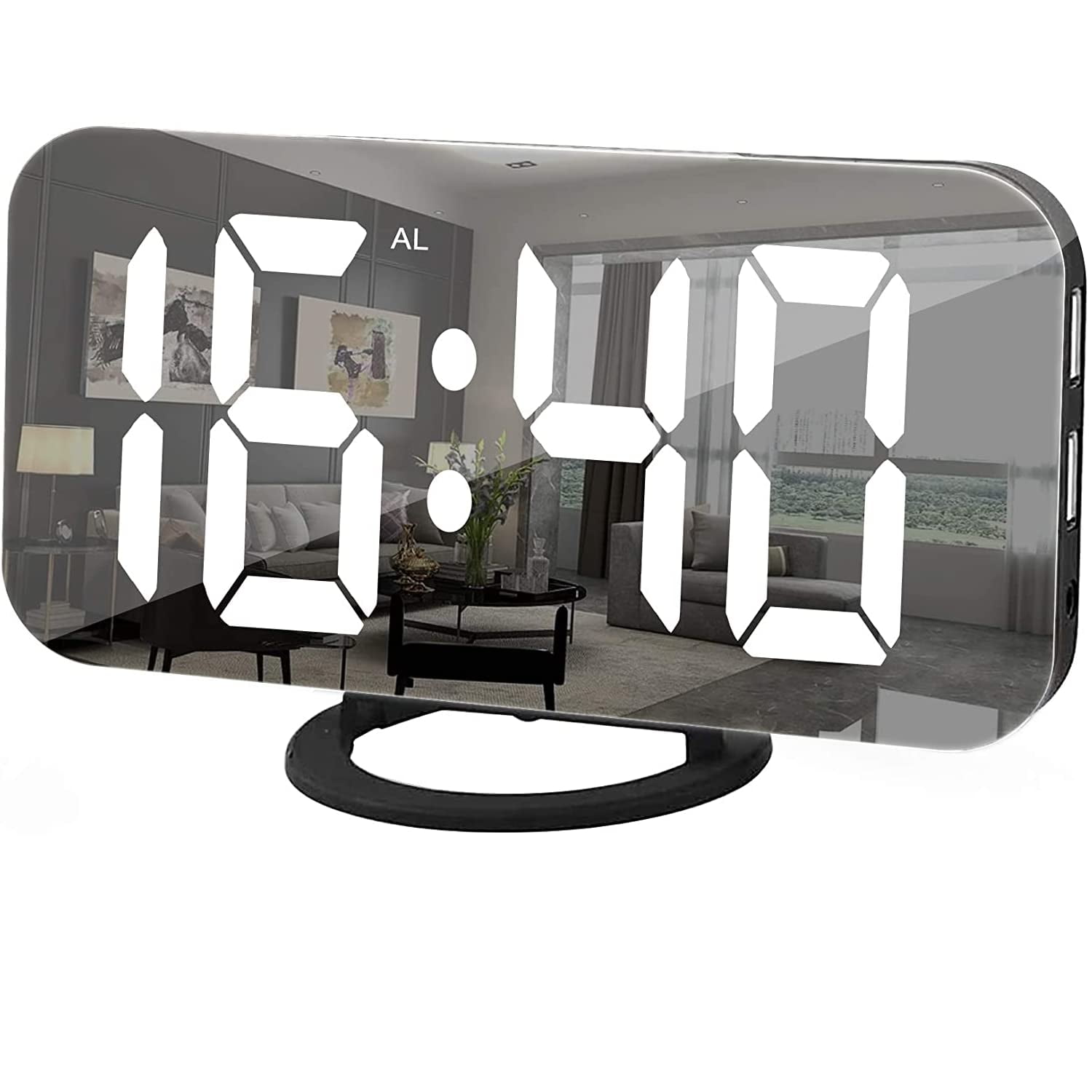 Digital Alarm Clock，6.6" Large Mirrored LED Clock Modern Mirror Desk ...