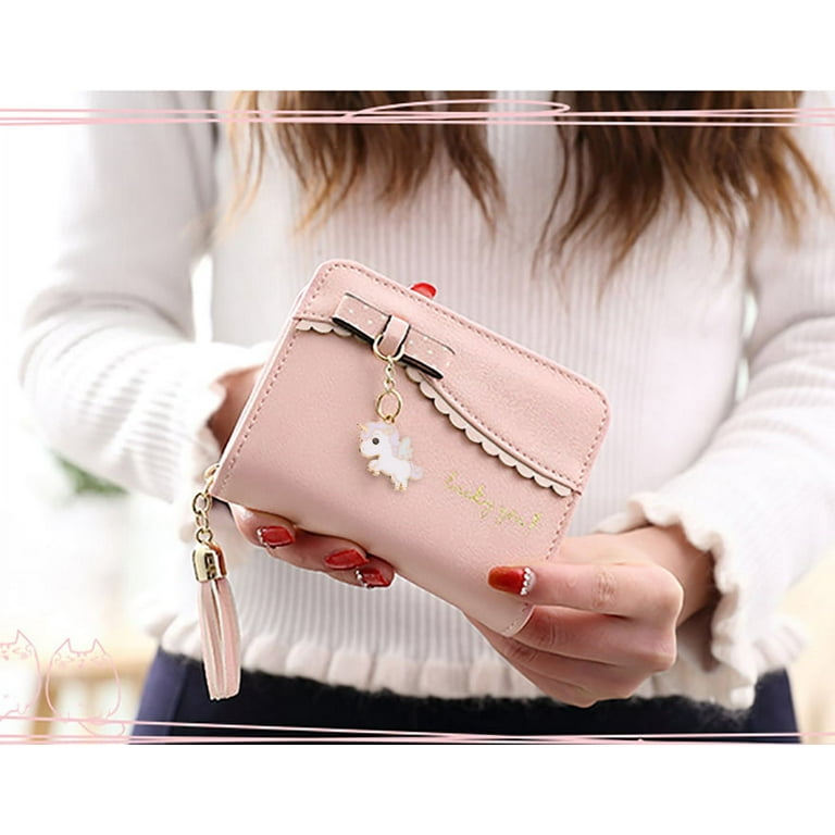 UTO Girls Wallet Small Card Holder Ladies Cute Wallets Purse Vegan Leather Coins Zipper Pocket with Unicorn Pendant Tassel Pink