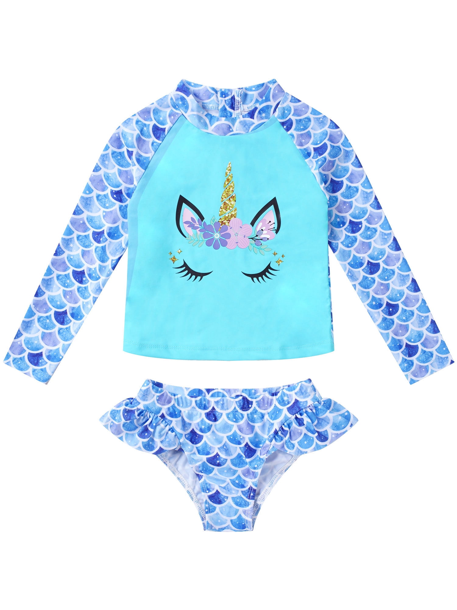 IEFIEL 2Pcs Kids Girls Fish Scales Print Swimsuit Long Sleeve Cartoon ...