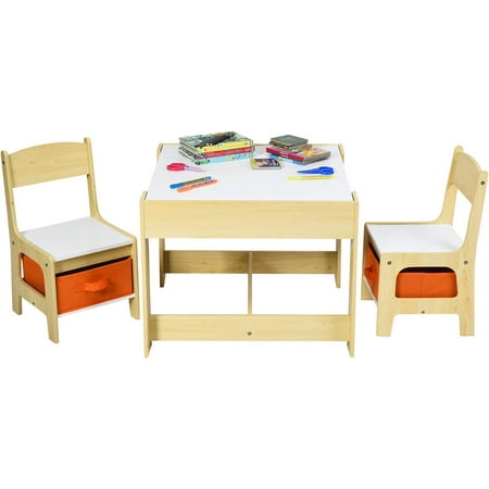 Kids Wood Table and 2 Chairs Set with Blackboard & Storage Space ...