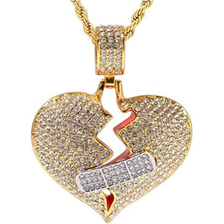 MAFNIO Men's Broken Heart Chain Pendant,18k Gold Plated Fully Iced Out ...