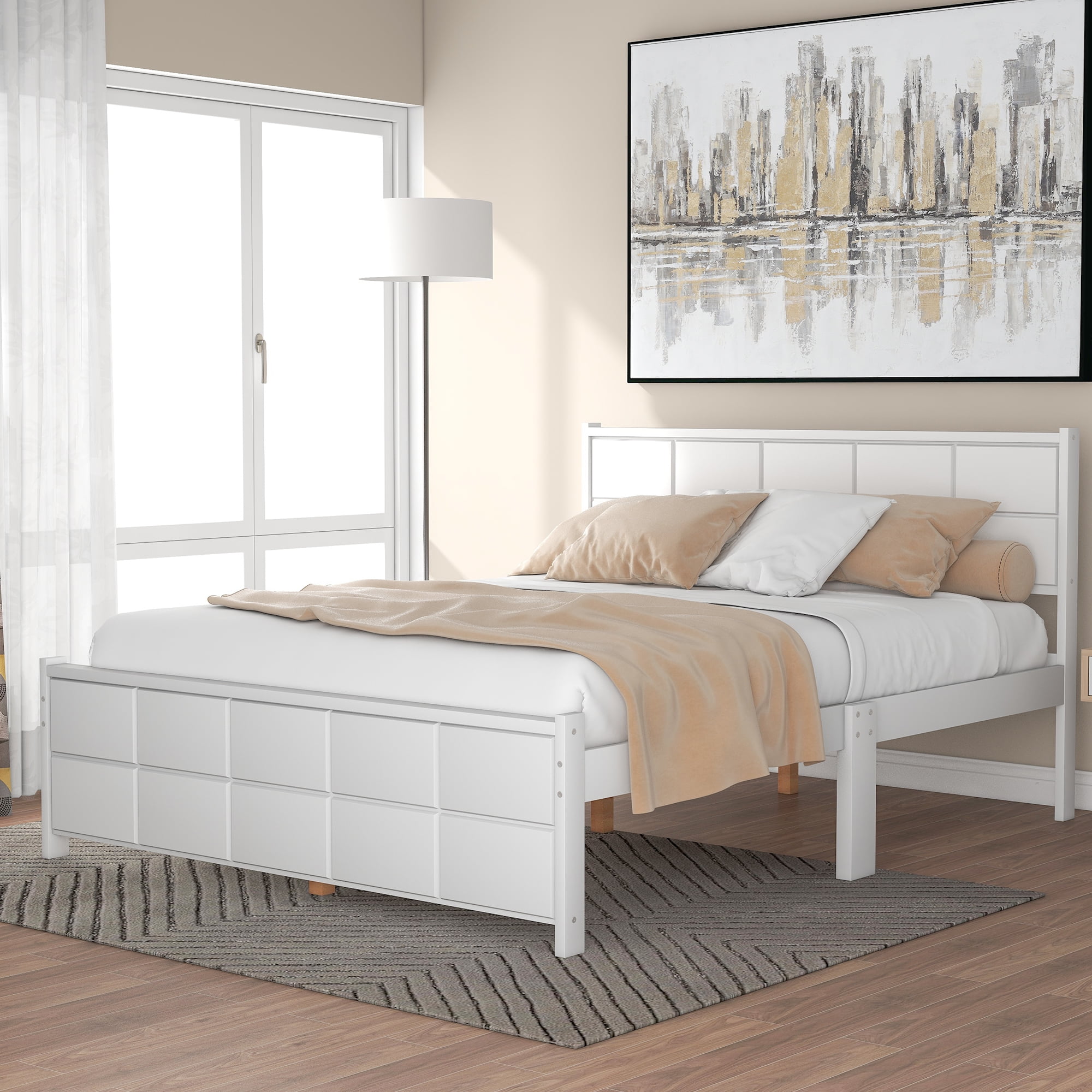 Euroco Queen Platform Bed Wood Frame With Headboard And Footboard