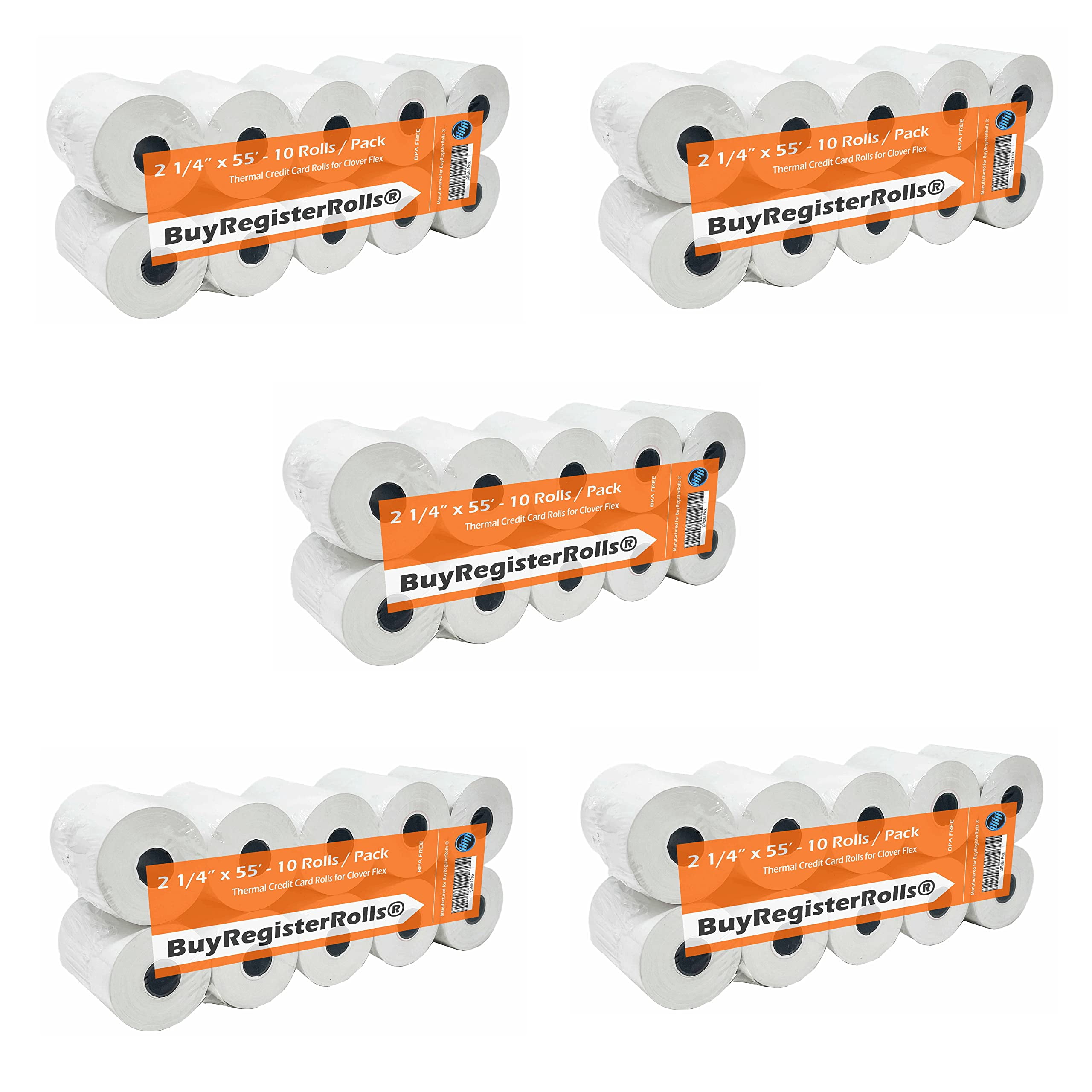 (5 paquetes de 10 rollos) 2 1/4 x 55 rollos de papel térmico (50 rollos ...