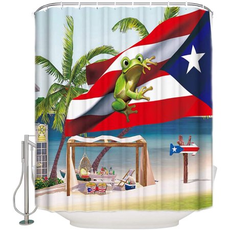 Puerto Rico Shower Curtain with 12 Hooks, Funny Frog with Puerto Rico ...