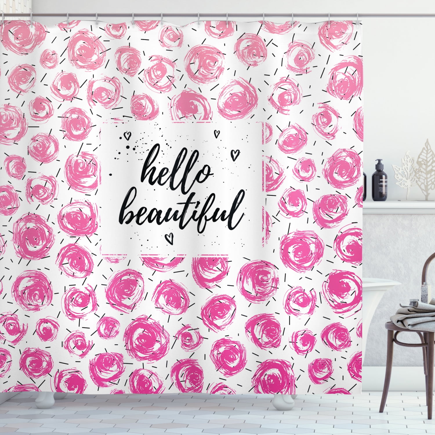 Ambesonne Hello Shower Curtain, Watercolor Buds Words, 69"Wx84"L, Pink ...