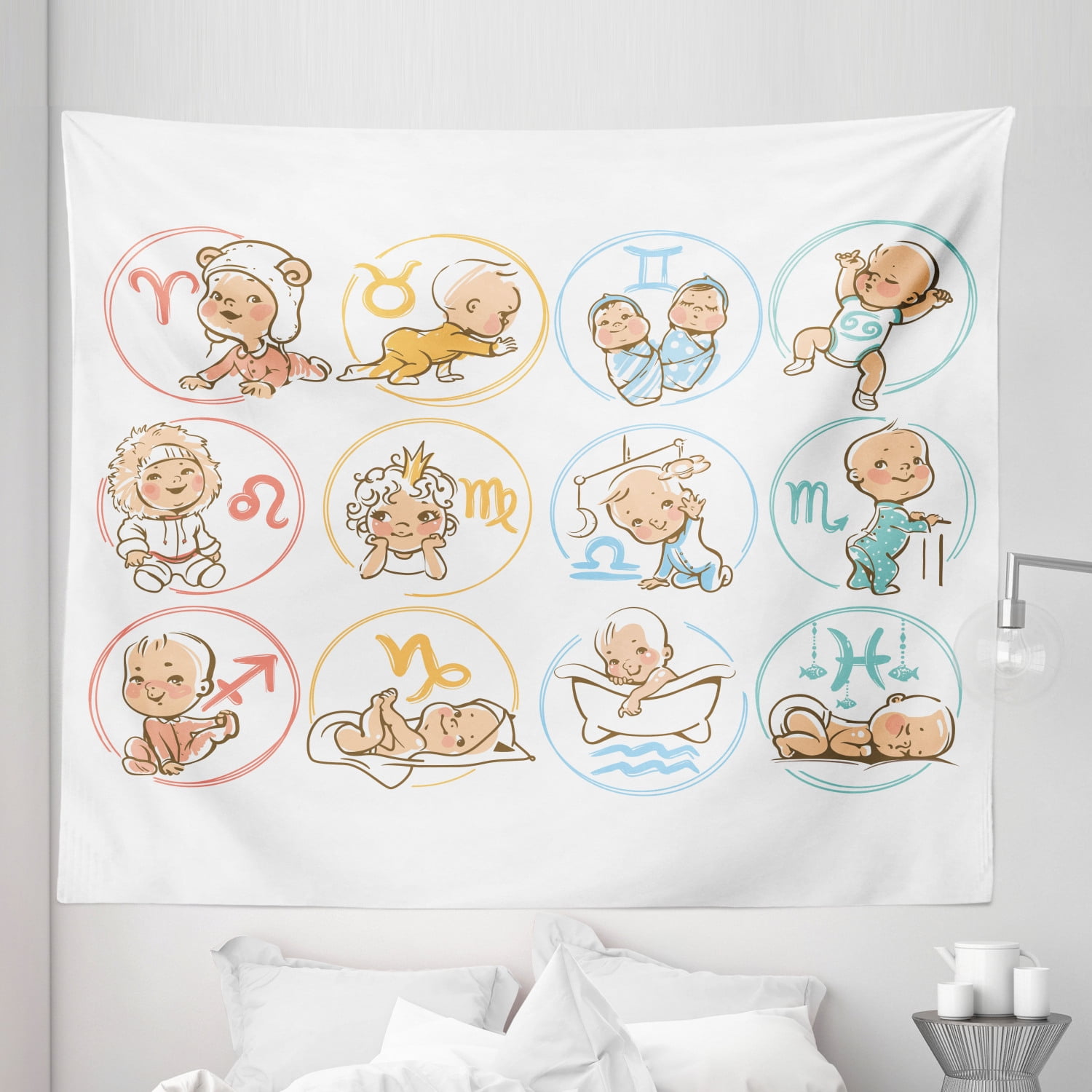 Astrology Tapestry, Zodiac Sign with Colorful Sleeping Characters ...