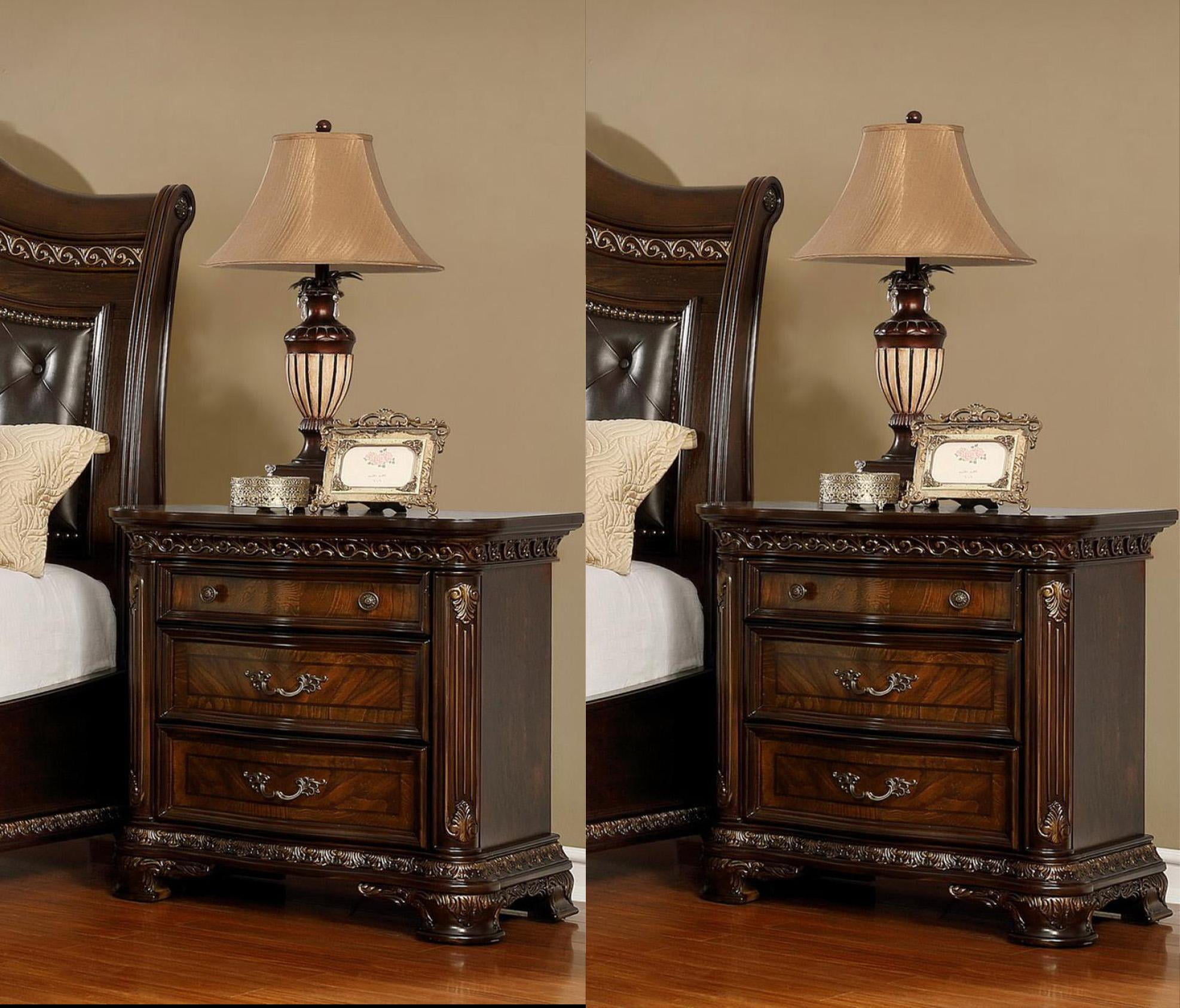 Cherry Carved Wood 3 Drawer Nightstand Set 2P McFerran B9588 Classic ...