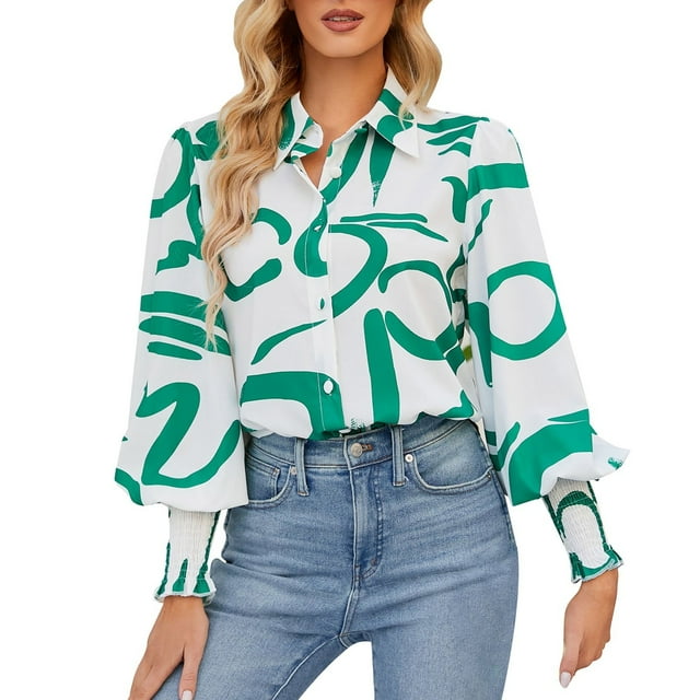 Huaizzzy Women's Casual Printed Puffed Shoulder Long Sleeved Shirt ...