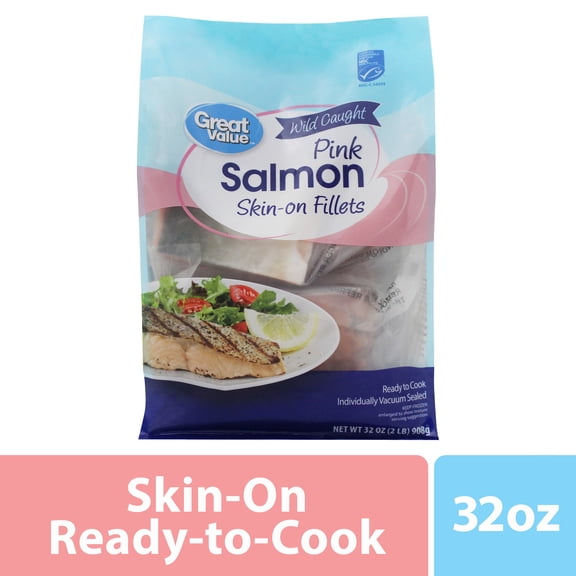Great Value Frozen Wild Caught Pink Salmon Skin-on Fillets, 2 lb