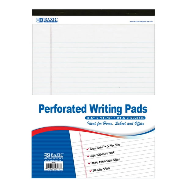 BAZIC 50 Sheets 8.5" X 11.75" White Perforated Writing Pad, Lined Ruled ...