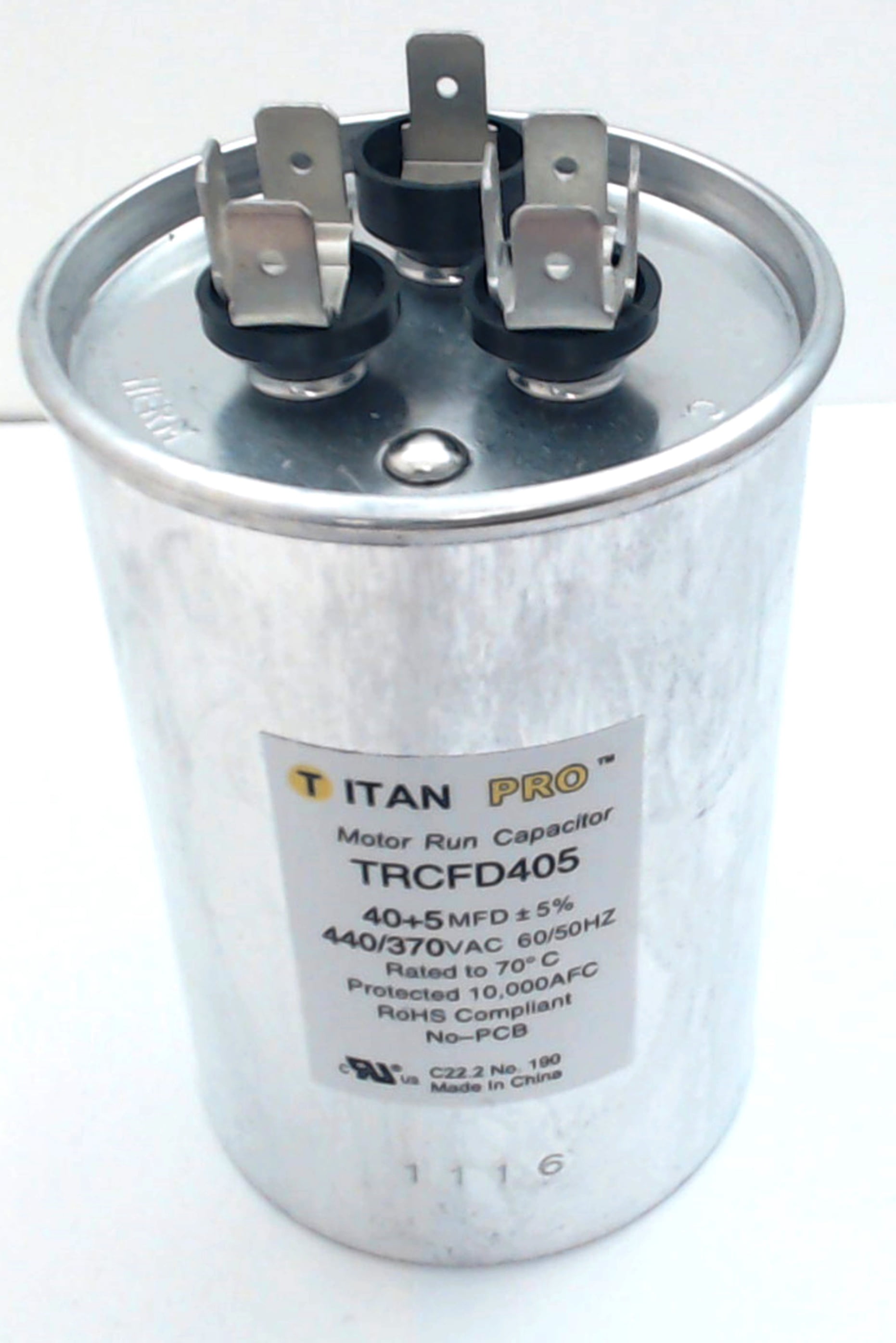 Packard Titan Pro Run Capacitor, Round, 40+5 Mfd, 440-370V, TRCFD405 ...