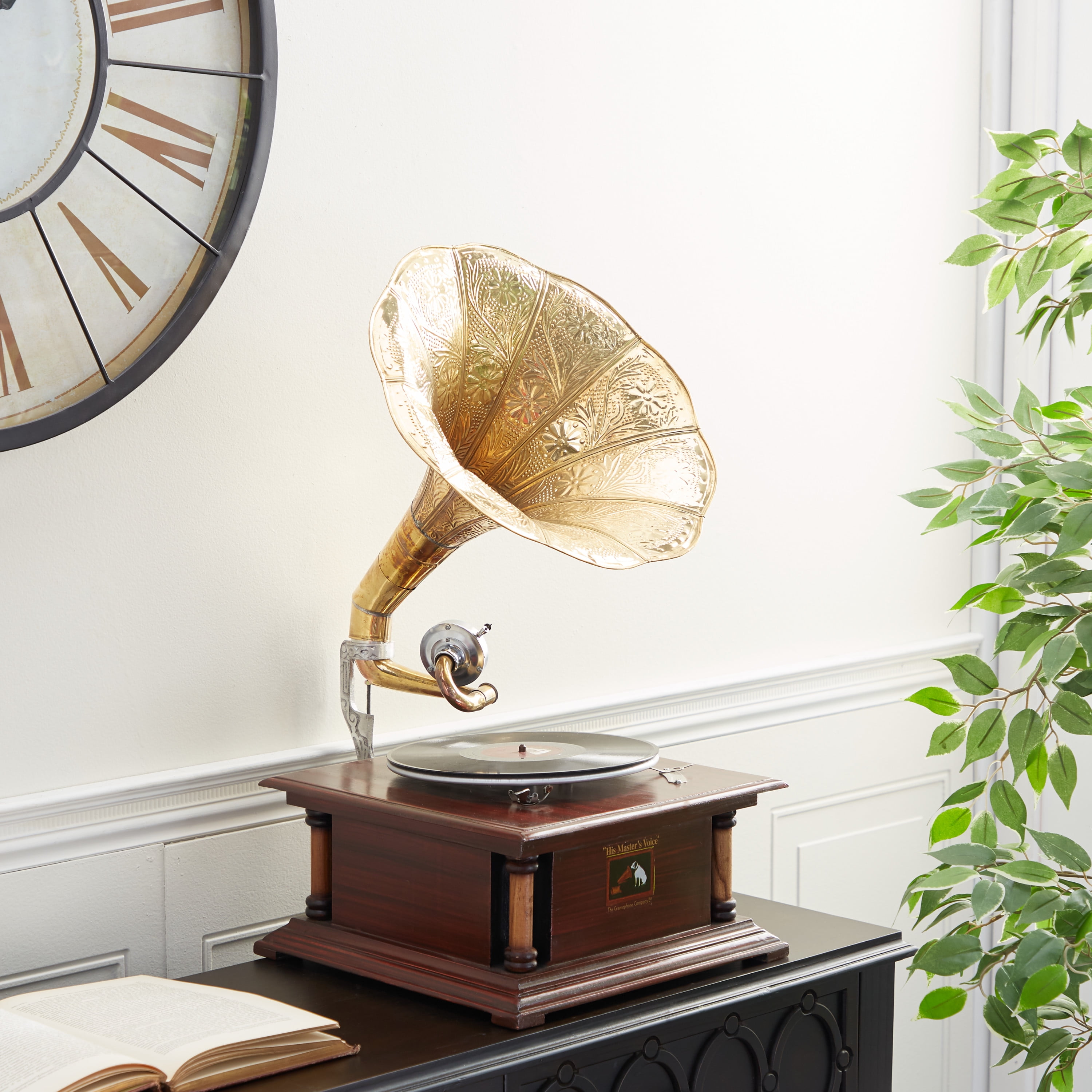 DecMode 18" x 28" Brown Wood Functional Gramophone with Record, 1-Piece - Walmart.com