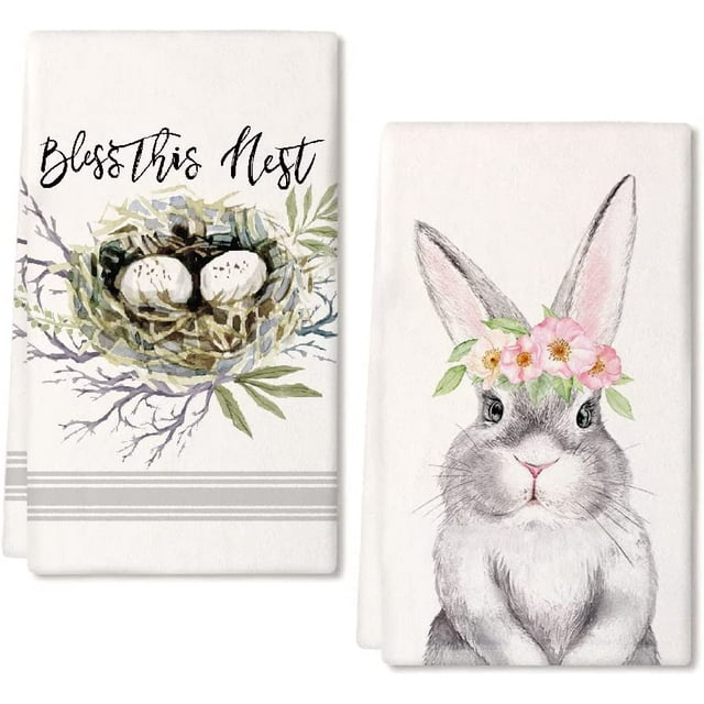 JOOCAR Easter Kitchen Towels, Gray Striped Easter Bunny Corolla Bird ...