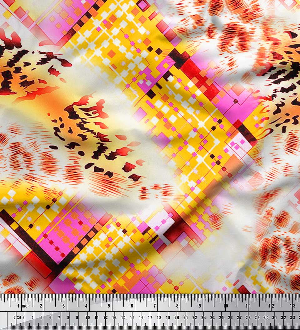 Soimoi Yellow polyester Crepe Fabric Geometric & Leopard Animal Skin Print Fabric by the Yard 42 ...