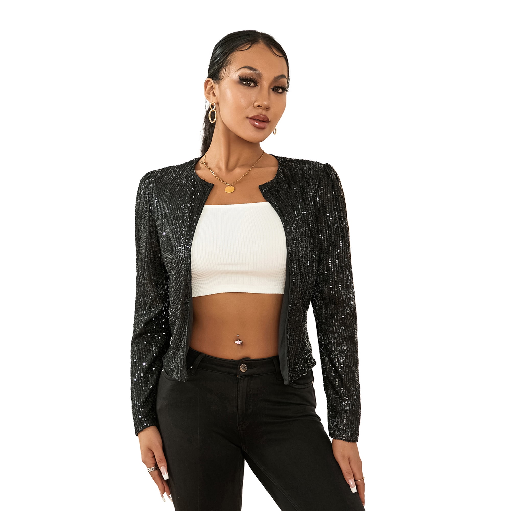 Click here for Kmbangi Women Sequined Jacket  Long Sleeve Open Fr... prices