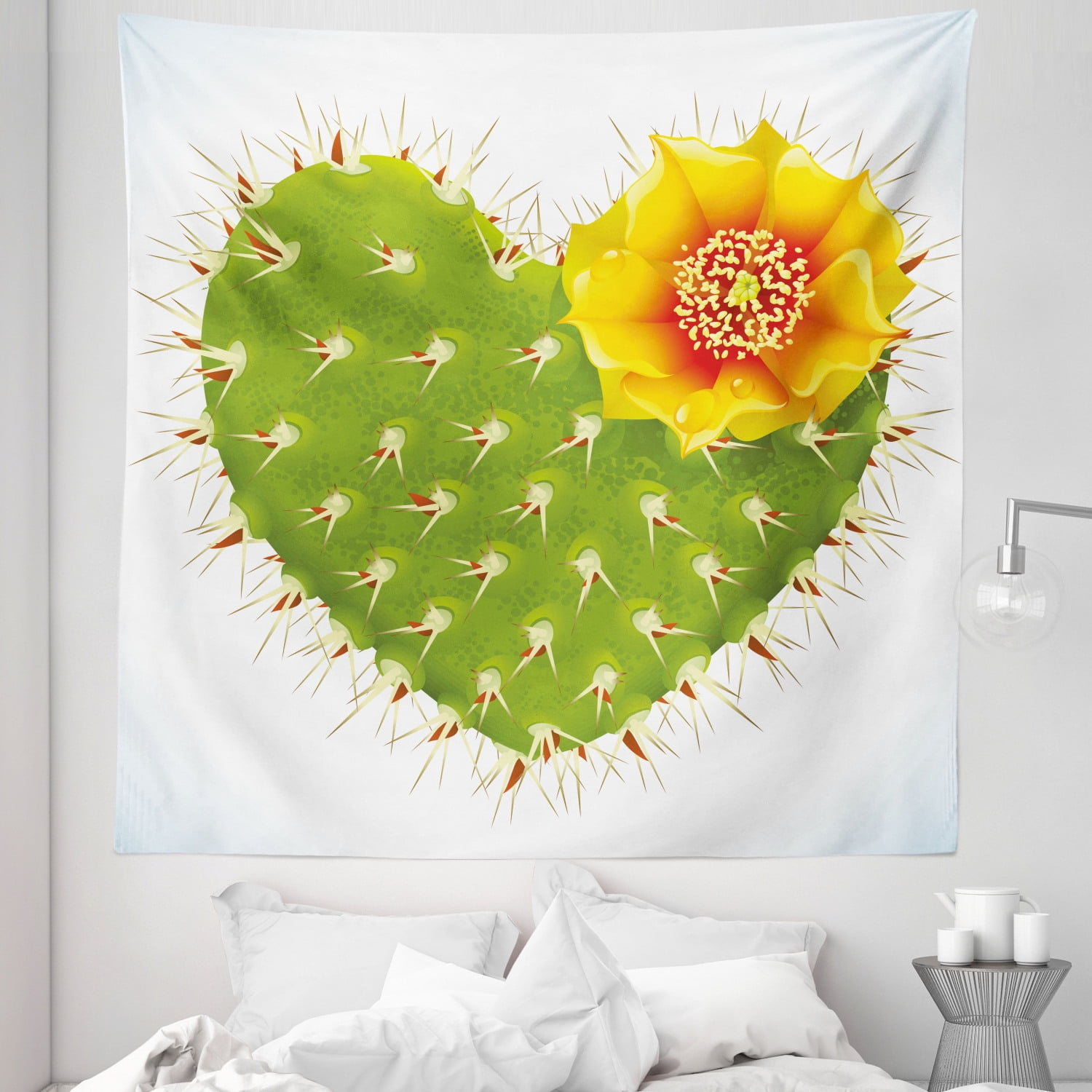Cactus Tapestry, Thorny Cacti in the Shape of Heart and Yellow Flower ...