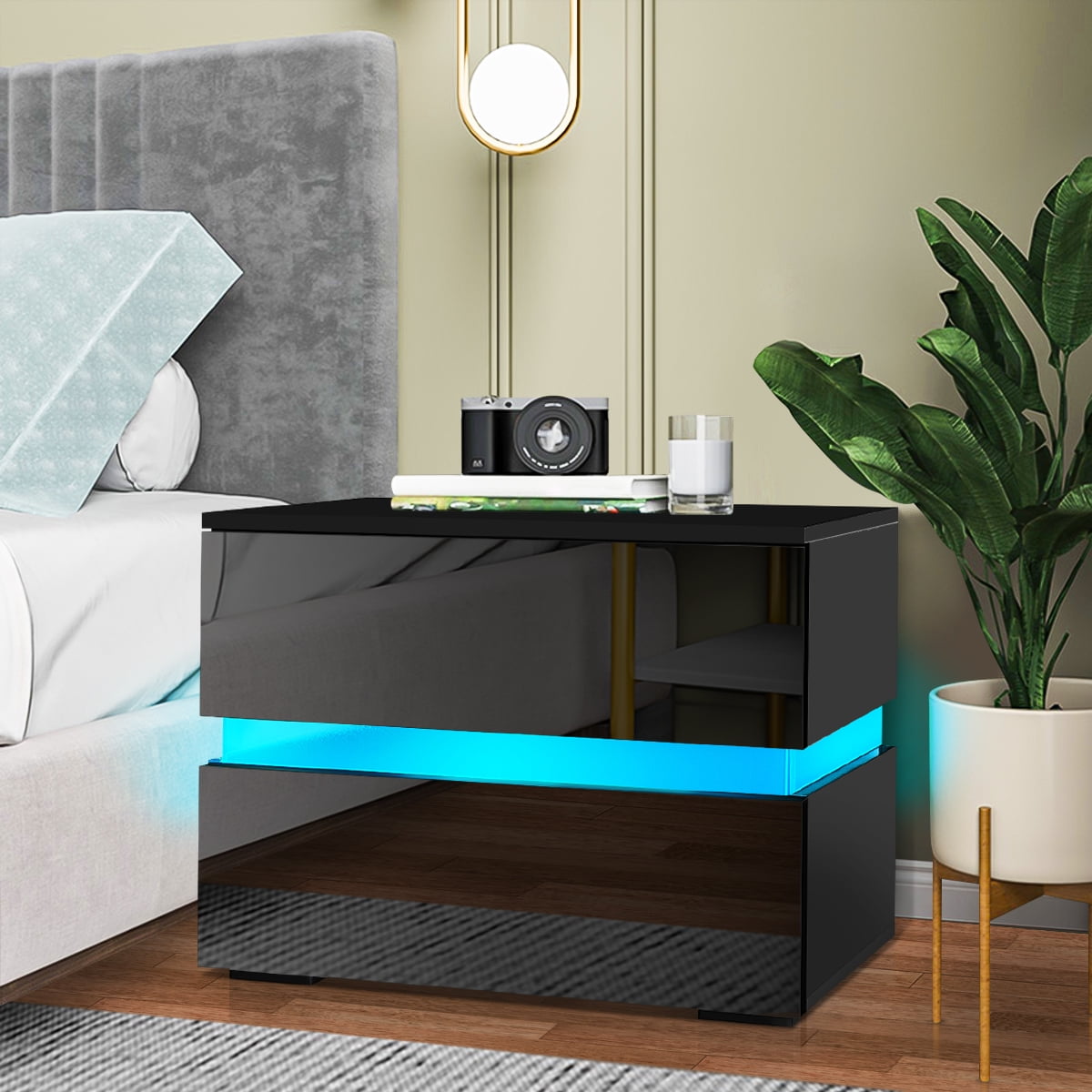 2 Drawers Night Stand with RGB LED Light Mode System, High Gloss ...