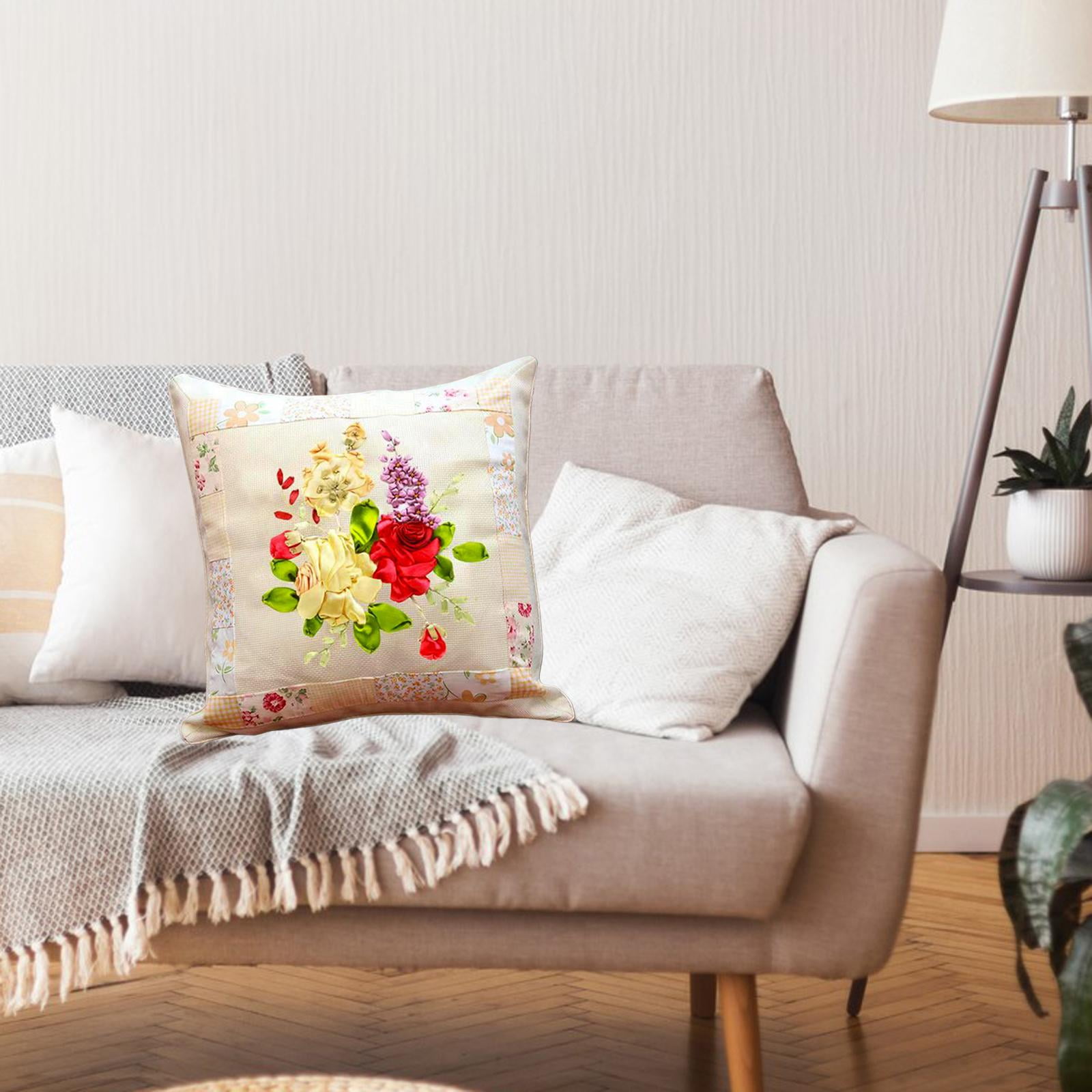 DIY Embroidery Pillow Covers Floral Pattern Fabric Semi-Finished Cross ...