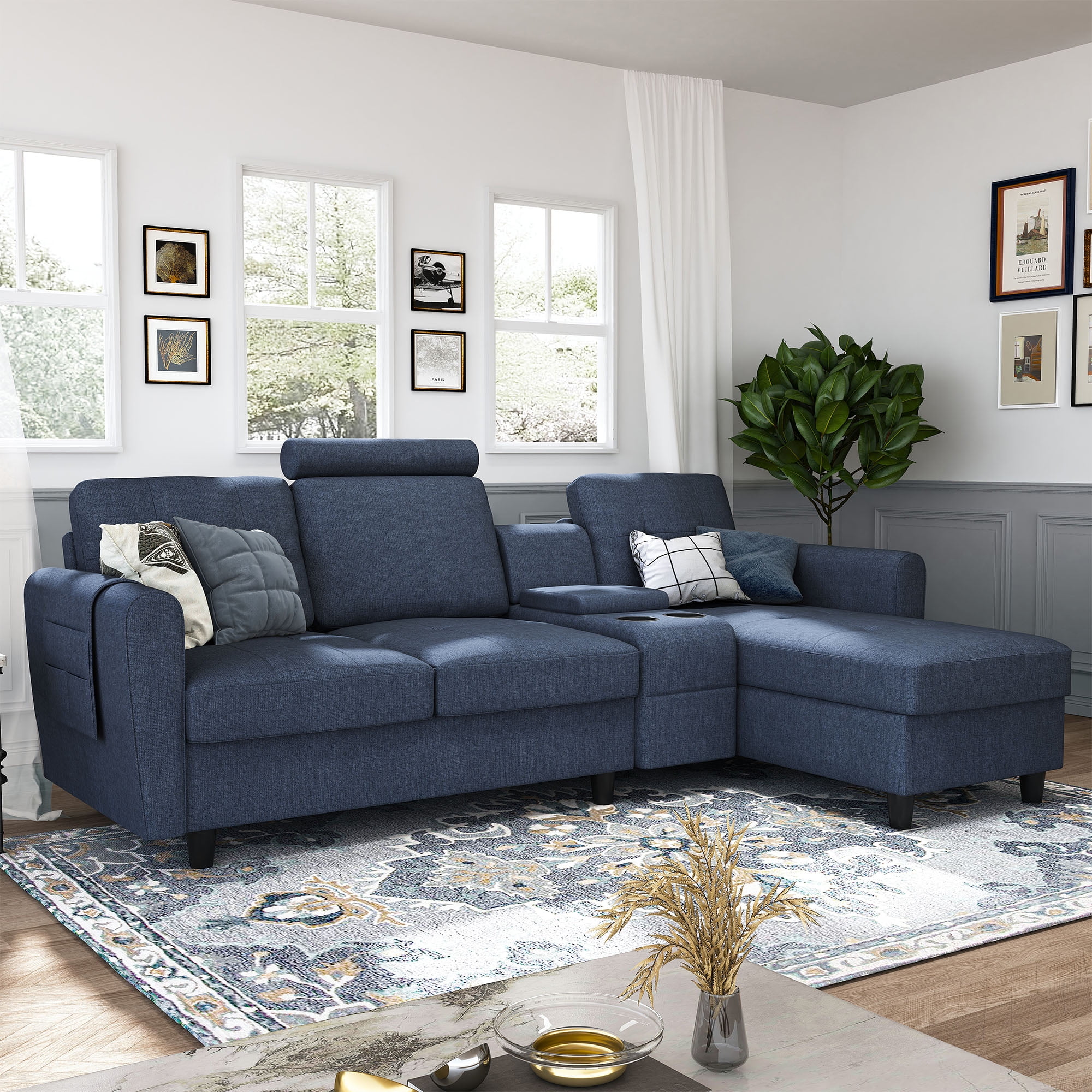 Modern Denim Blue Sectional Sofa with Reversible Chaise Lounge