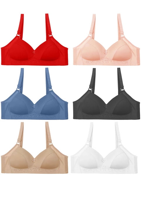 Ladies U Back No Wire Wide Strap Flower Embroidered Bra 6 Piece Color ...