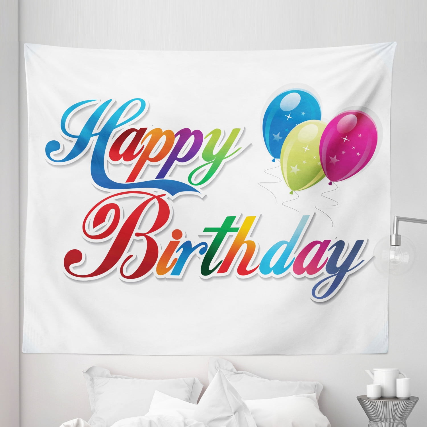 Birthday Tapestry, Modern Colorful Writing Balloons with Stars Romantic ...