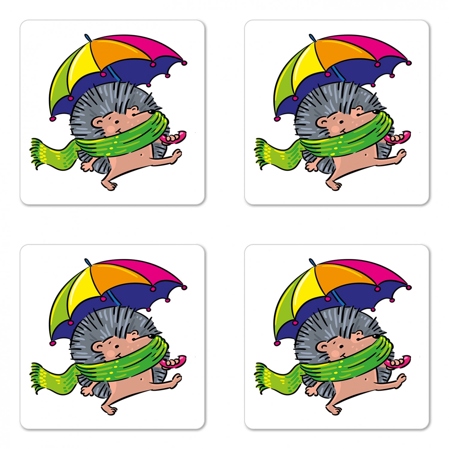 Hedgehog Coaster Set of 4, Smiling Animal with Spikes and Scarf Rainbow ...