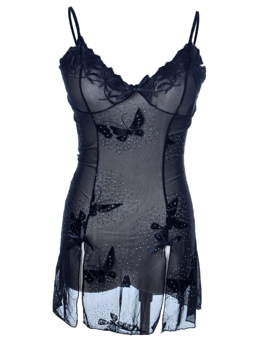 S M Fit Black Sparkle Butterfly Print Seductive Slit Chemise Thong Set