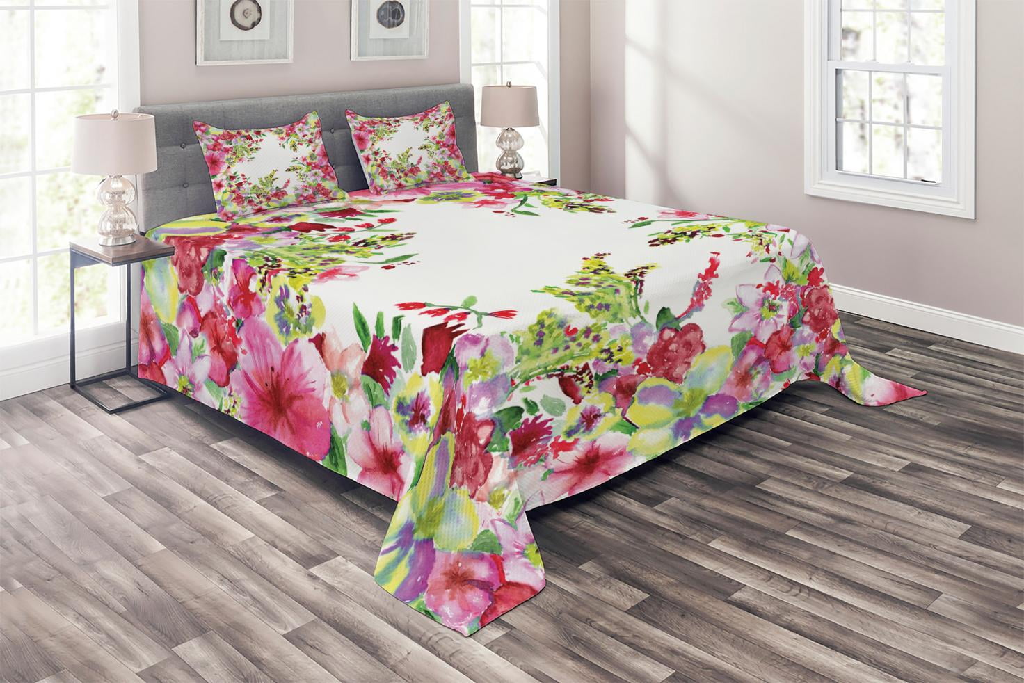 Ambesonne Pink Quilted Coverlet 3 Pcs, Summer Bud Spring, Queen Size ...