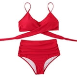 Women's Polyester Halter Bikini Set, High Waisted Ruched Bottom, Cross ...