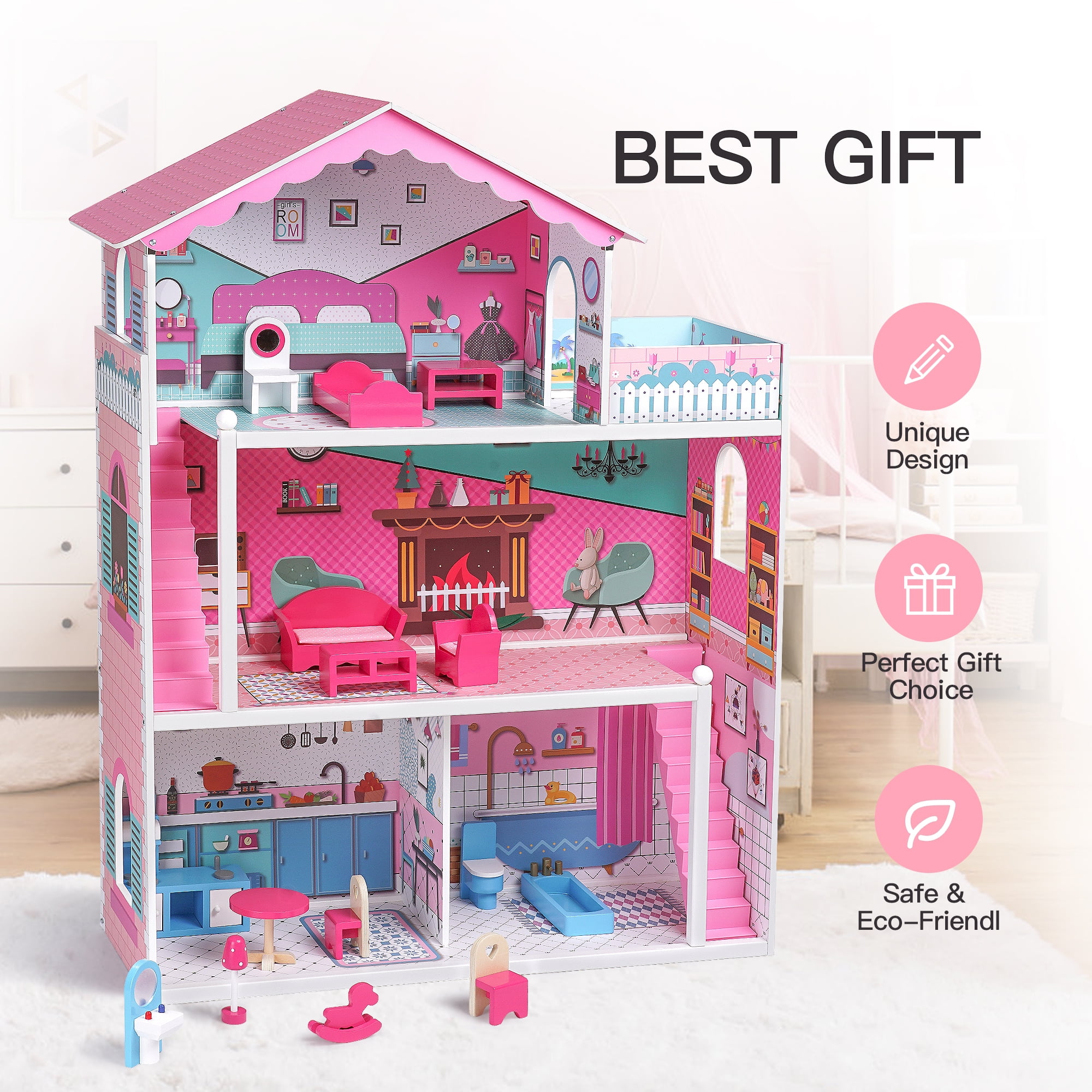 Wooden Dollhouse with 18 Furniture Pieces,Doll House Dreamhouse for ... Wooden Dollhouse with 18 Furniture Pieces,Doll House Dreamhouse for ...