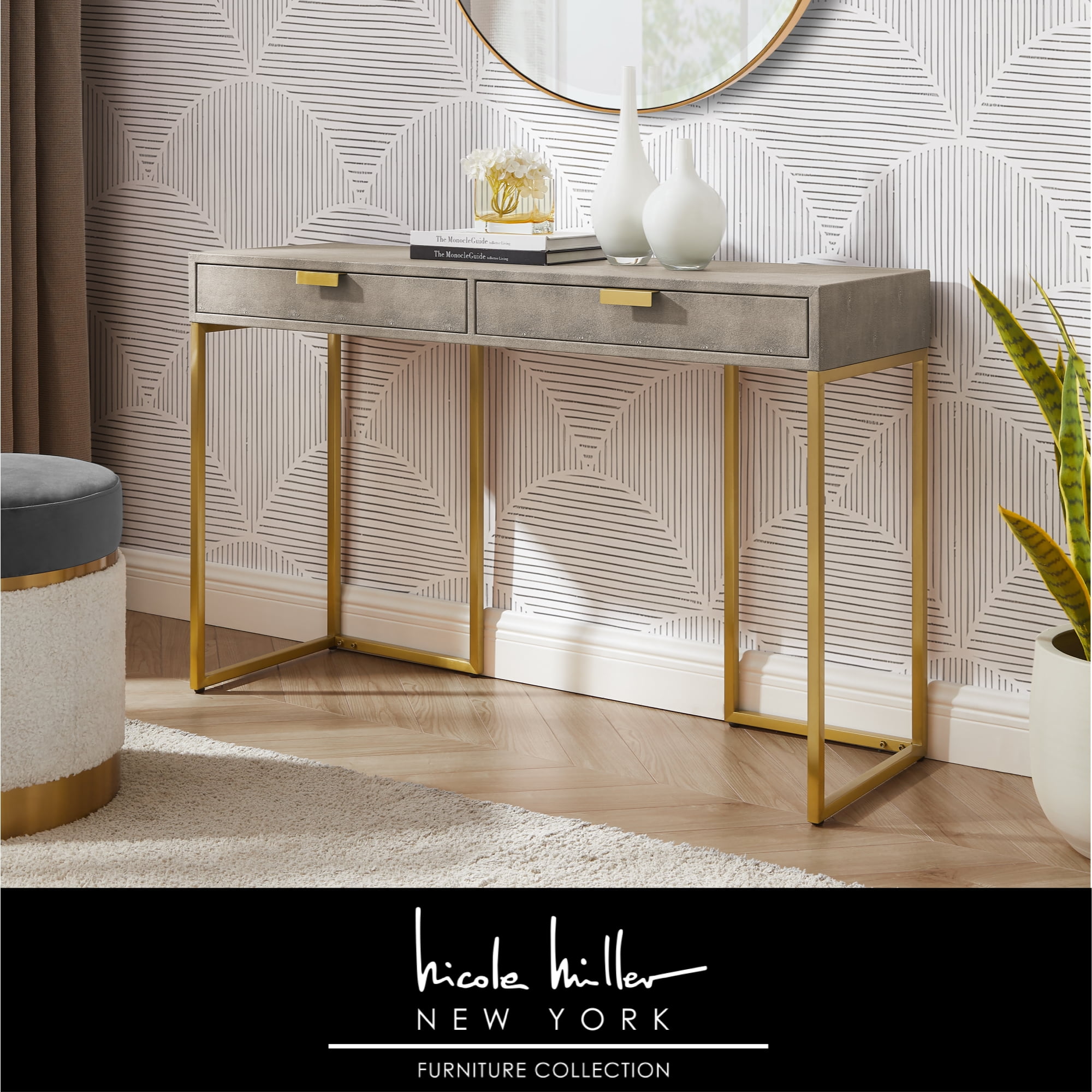 Nicole Miller Modern Glam Console Table, White Gold, 2 Drawers Storage ...