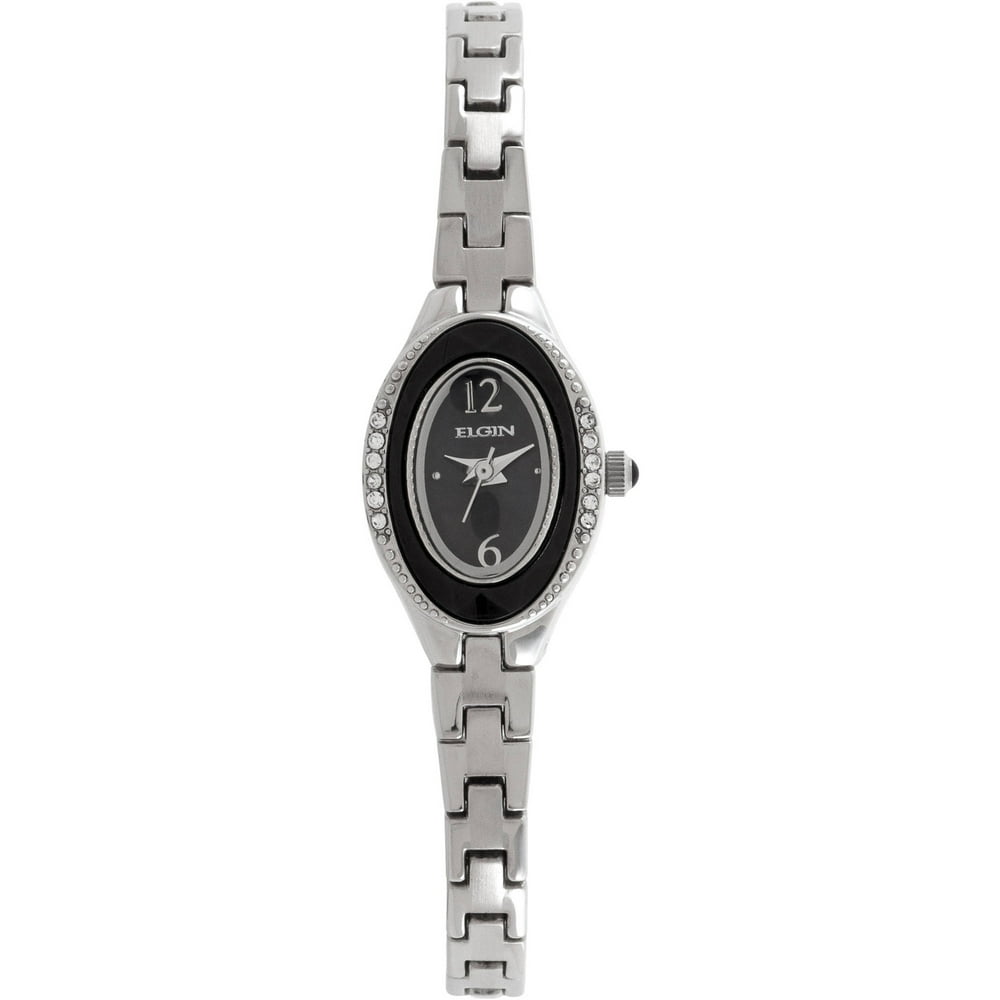 Elgin - Women's Silver-Tone Oval Case Black Dial Czech Crystal Accented ...