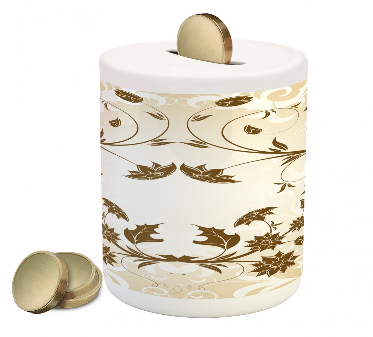 Floral Piggy Bank, Swirled Petals Leaf Classic Blooms Florets ...