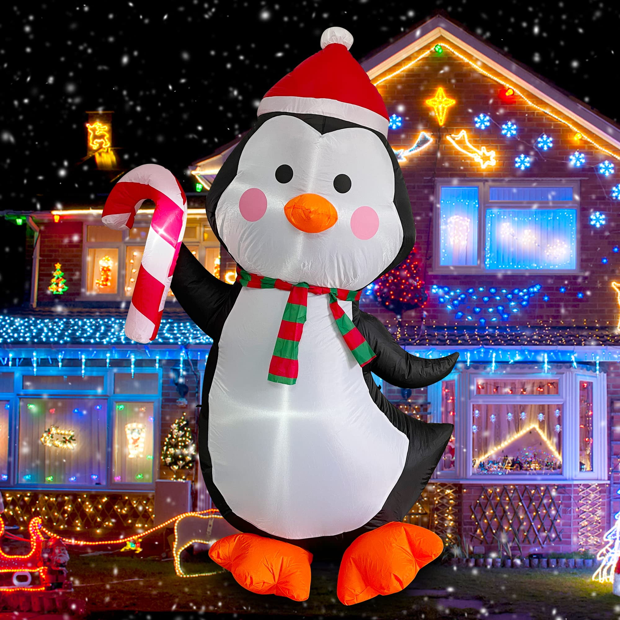 Husfou 4.9ft Christmas Inflatable Cute Penguin with Scarf Candy Cane, 3 ...