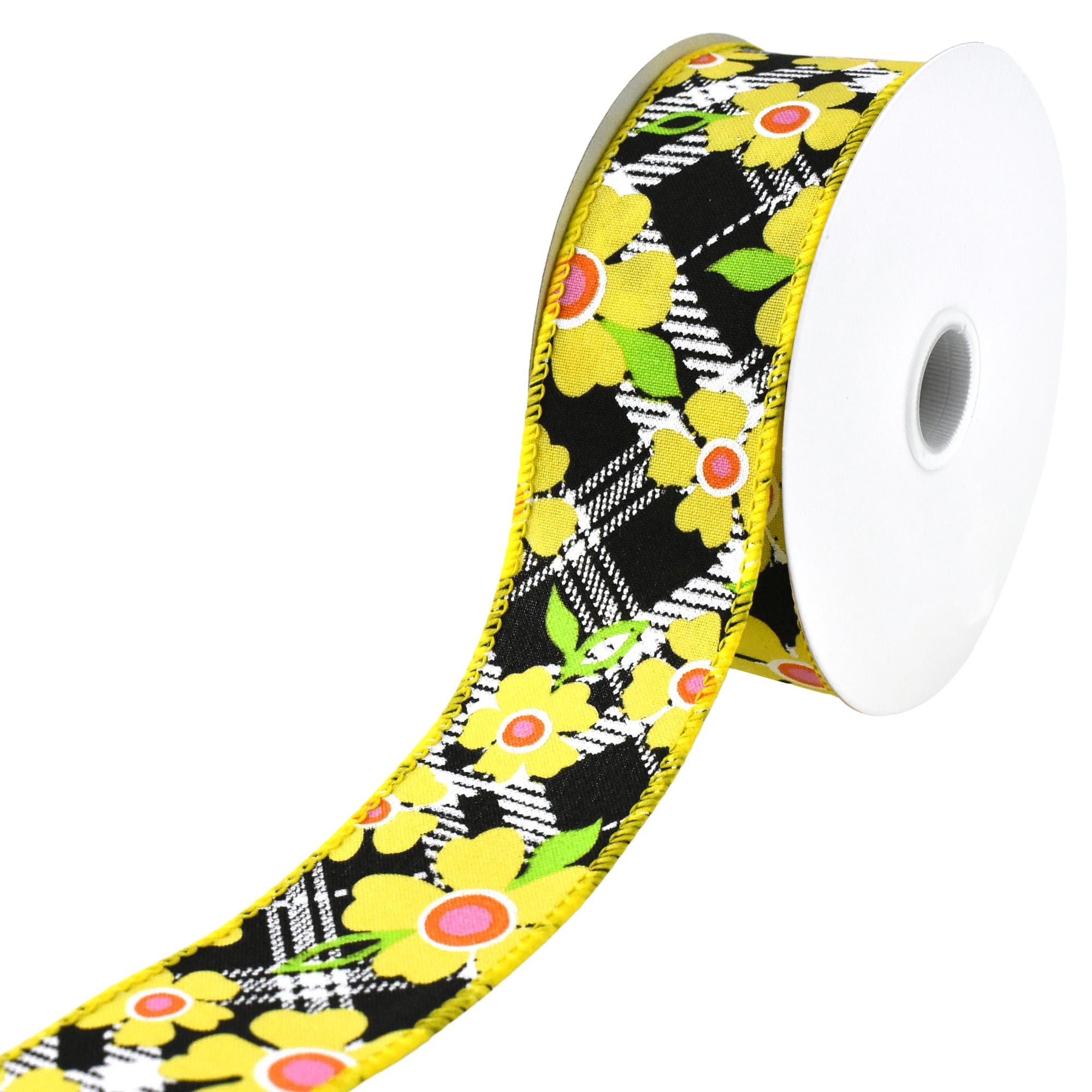 Diagonal Plaid and Flowers Wired Ribbon, 1-1/2-inch, 10-yard, Yellow ...