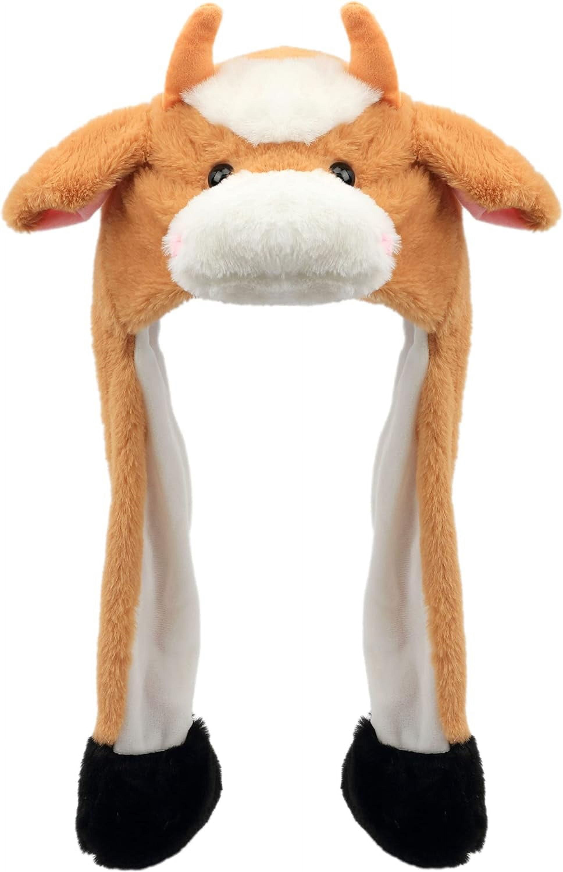 Brown Cow Hat with Ears Moving Jumping Pop Up Beating Plush Farm Animal ...