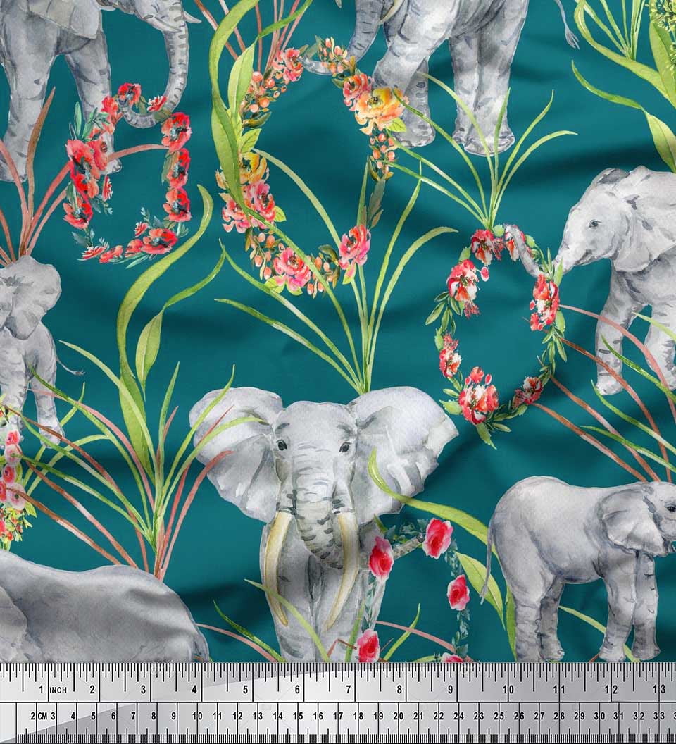 Soimoi Satin Silk Fabric Leaves,Floral Wreath & Elephant Jungle Print ...