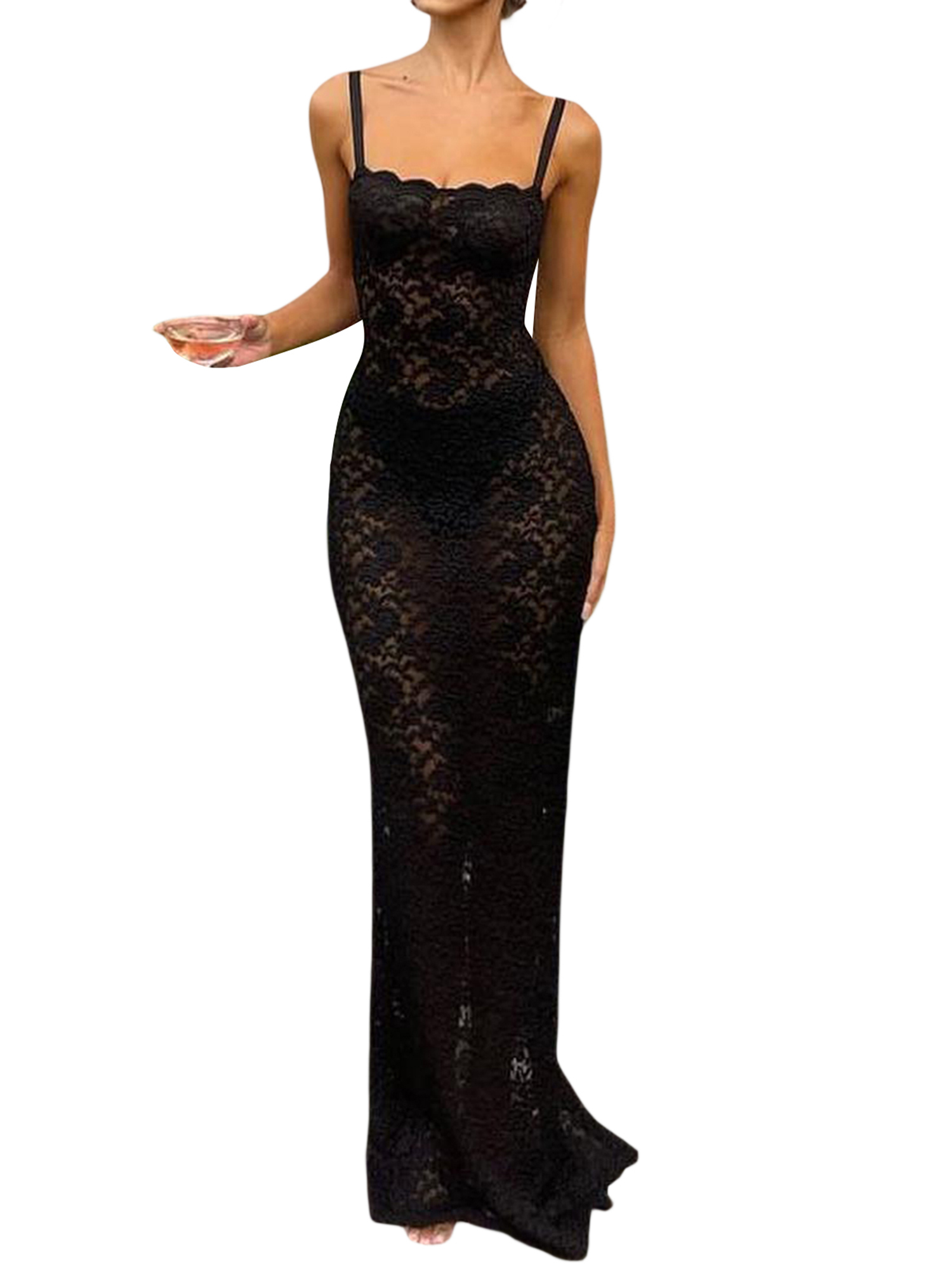 allshope Women's Lace Dress Sleeveless Split Hem Solid Color Cocktail ...