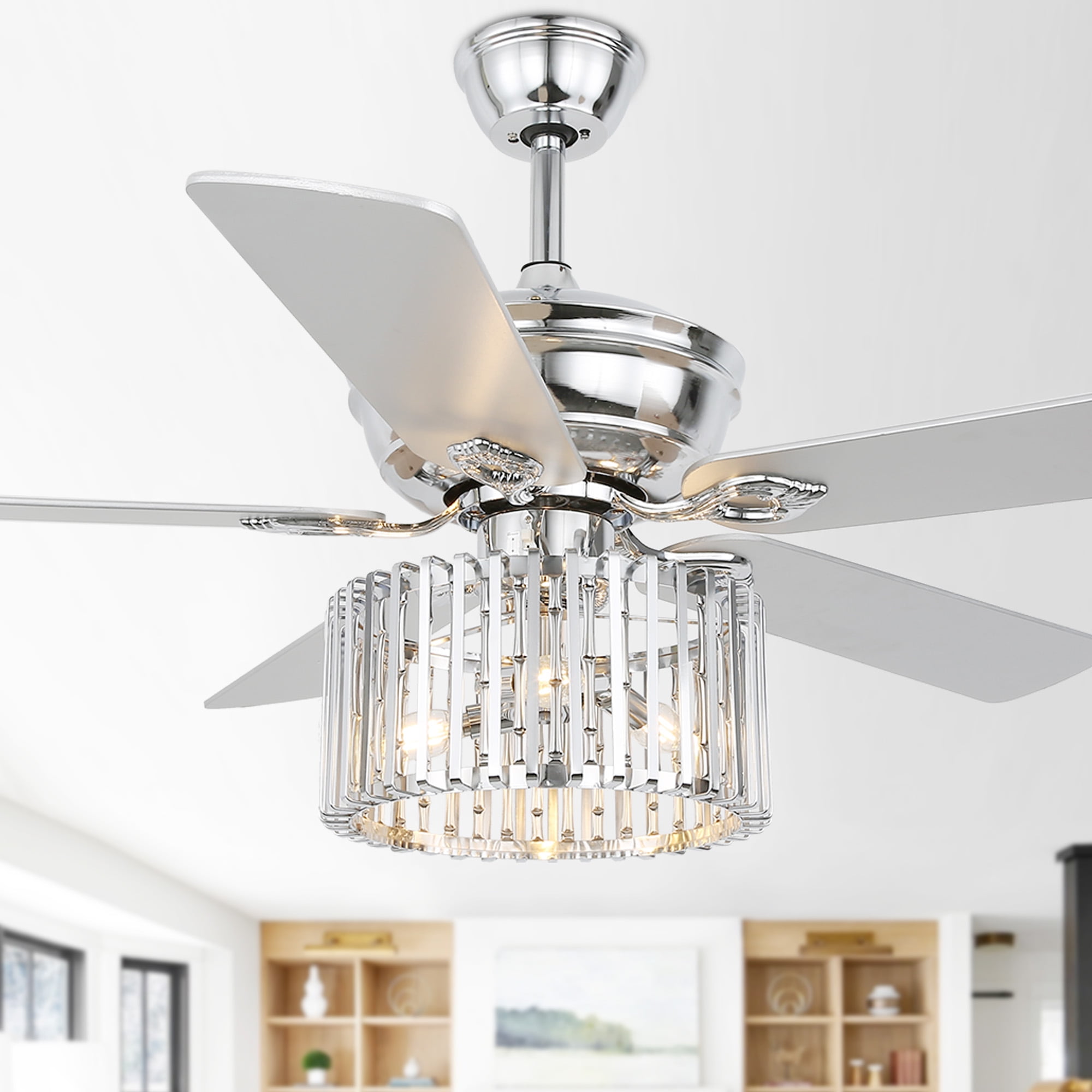 52" Silver Crystal Ceiling Fan with 5 Reversible Blades, Light Kit ...