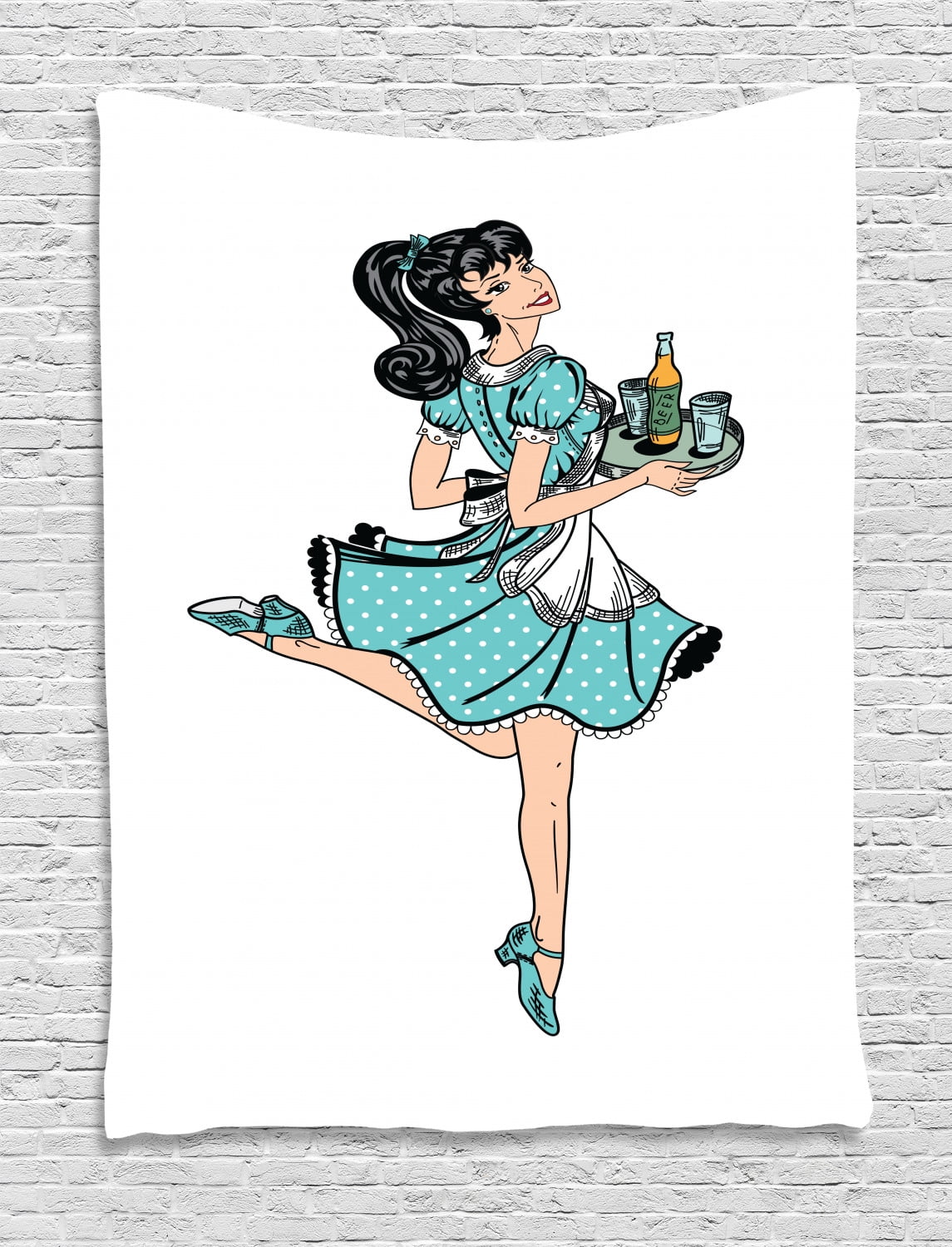 Pin up Girl Tapestry, Pony Tail Haired Waitress in Polka Dot Dress ...