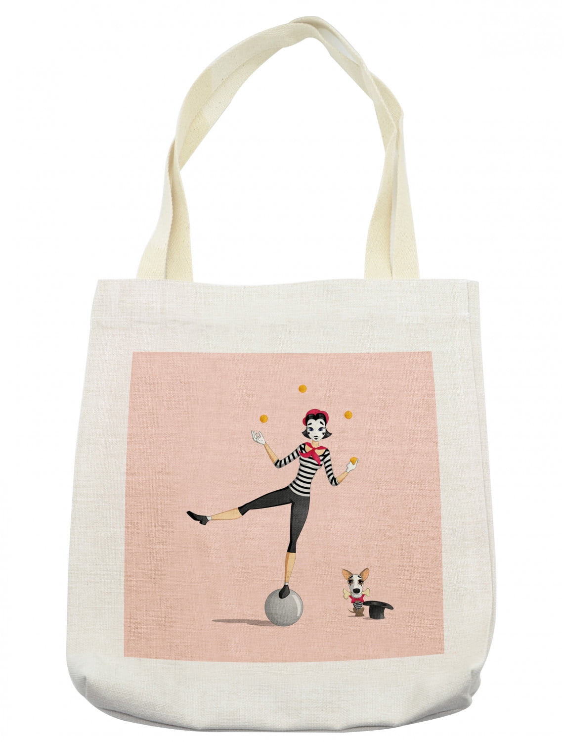 Cartoon Tote Bag, Mime Performing Girl Pantomime Juggling with Puppy ...