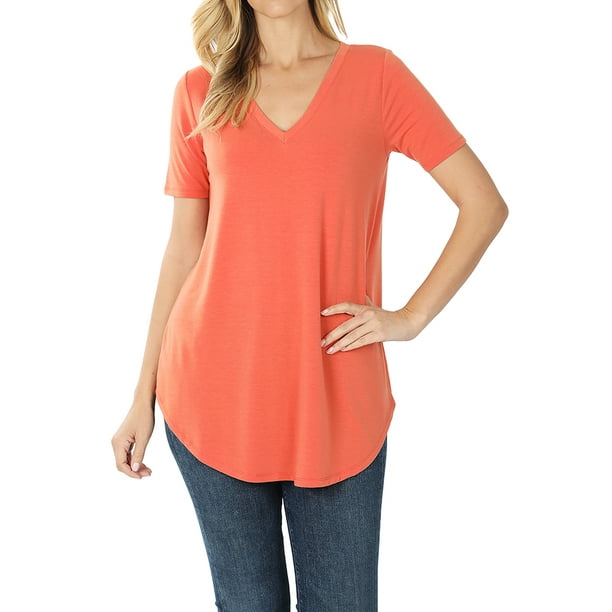 Zenana Women And Plus Short Sleeve V Neck Round Hem Relaxed Fit Casual