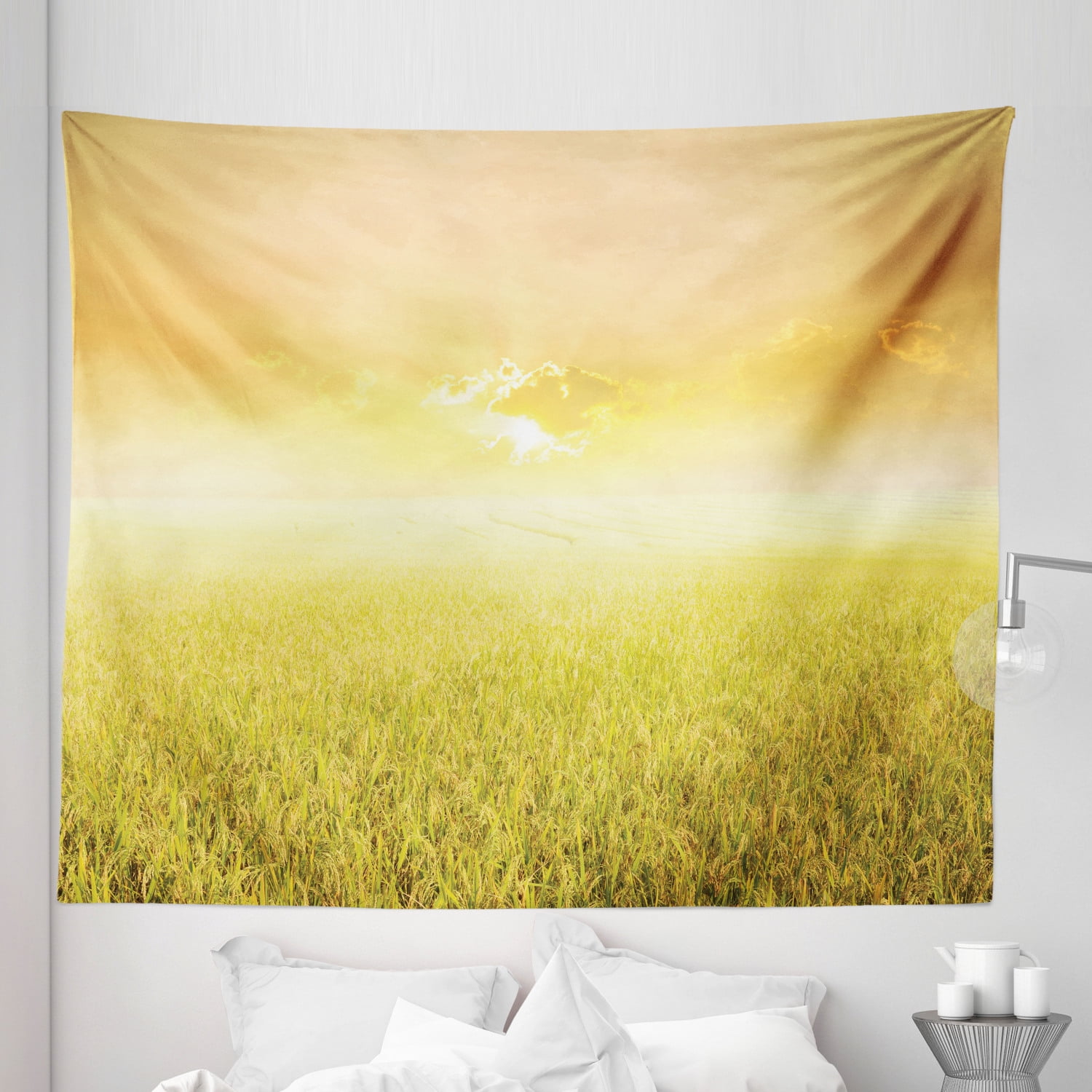 Yellow Tapestry, Rice Field Farm and Sunset Countryside Agriculture Sun ...